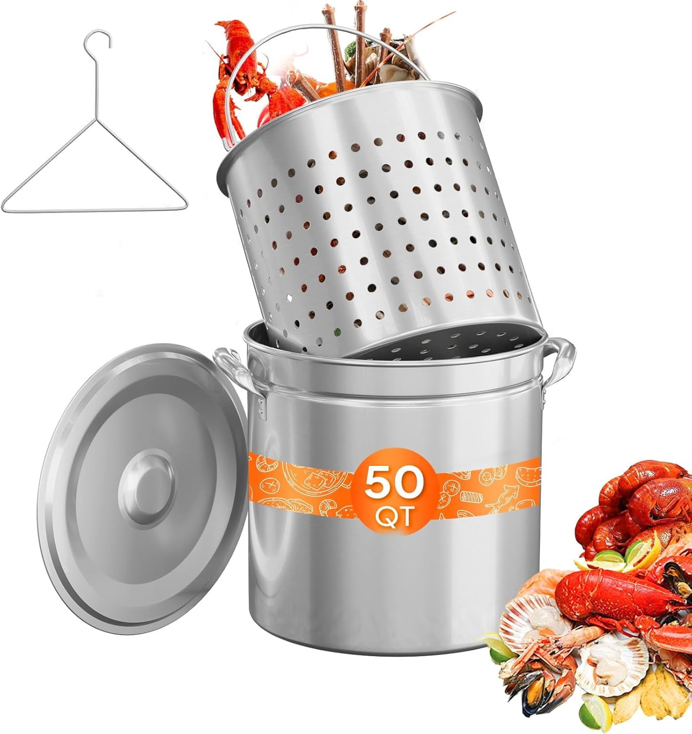 VINGLI 50QT Stainless Steel Seafood Boil Pot with Strainer Basket, Lid ...