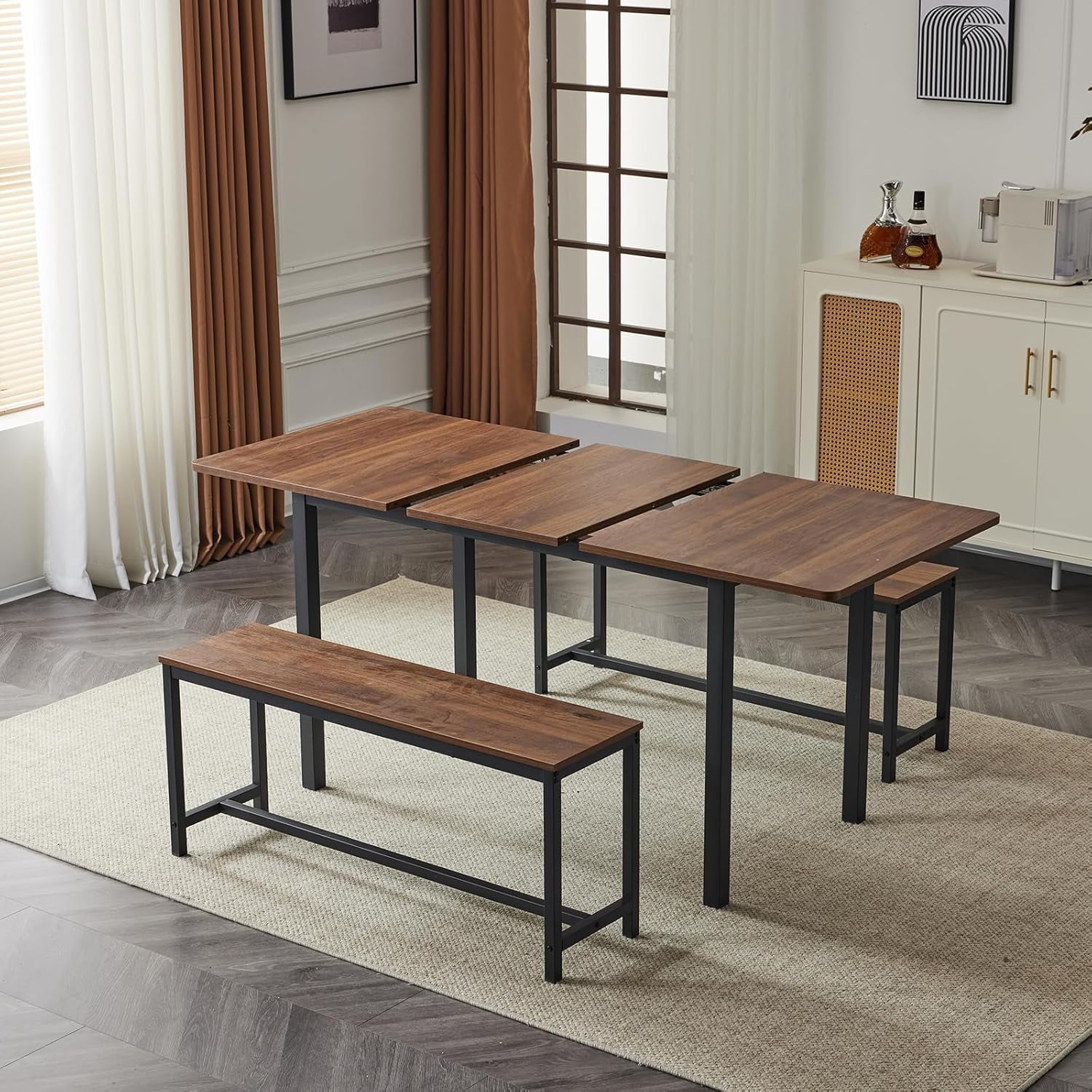 VINGLI 63" Extandable Foldable 3 Piece Dining Expandable Table Set for 4 with 2 Benches, Folding ...