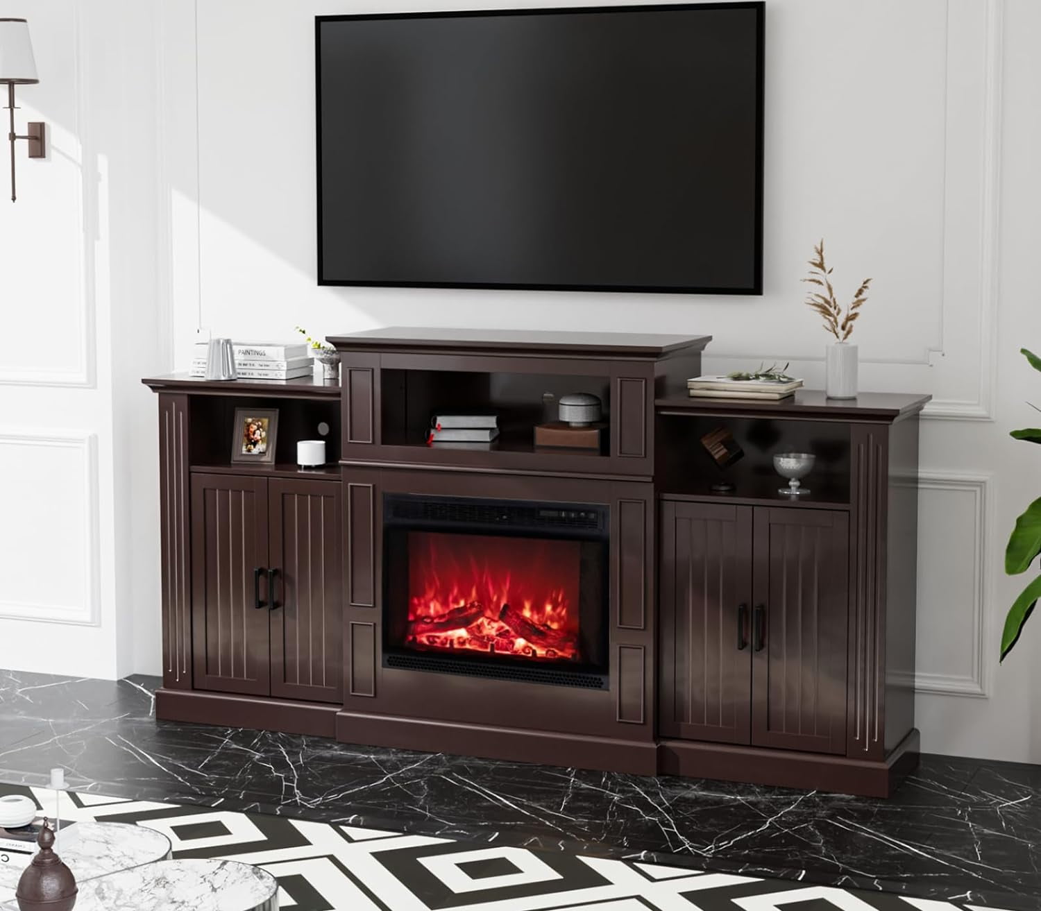 VINGLI 79'' Brown Electric Fireplace with Mantel, TV Stand, 1500W ...