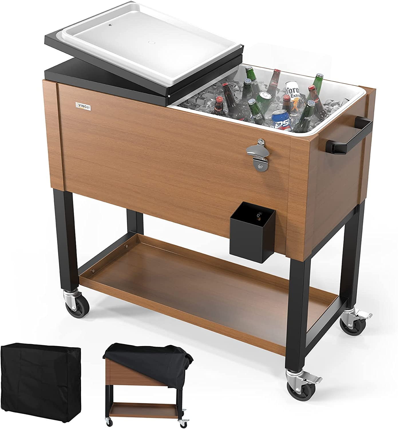 VINGLI 80 Quart Outdoor Mobile Patio Cooler Cart, Rolling Ice Chest for ...