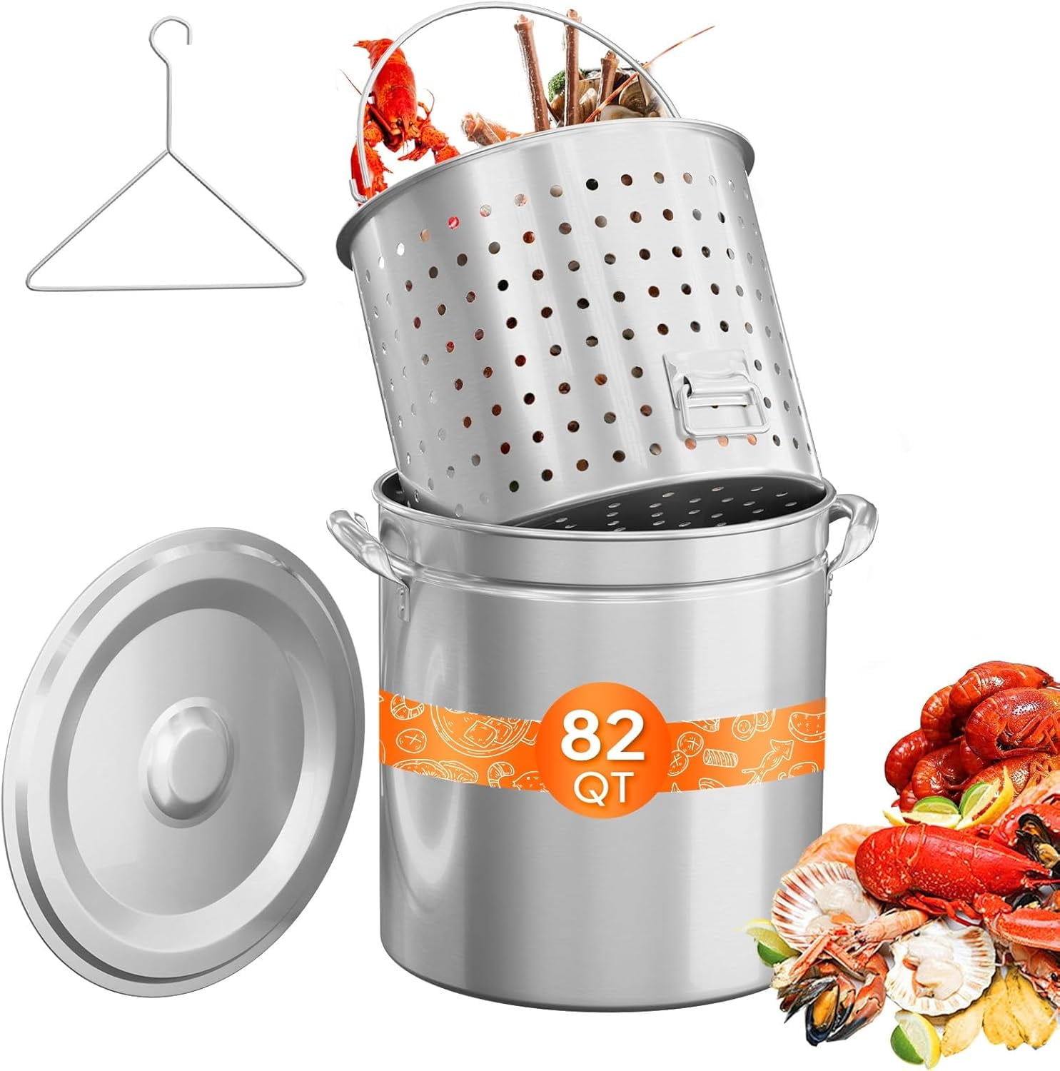VINGLI 82QT Stainless Steel Seafood Boil Pot with Strainer Basket, Lid ...