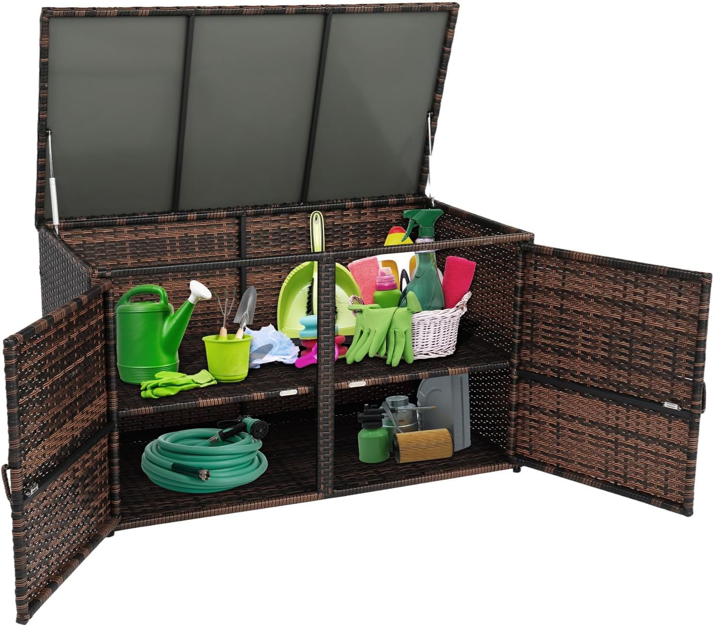 VINGLI 88 Gallon Outdoor Rattan Deck Box w/Openable Doors, Patio Wicker ...