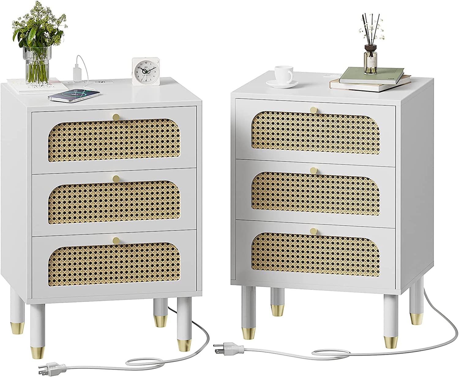 VINGLI Boho Chic Rattan Tall Nightstand Set of 2, Mid Century Modern ...