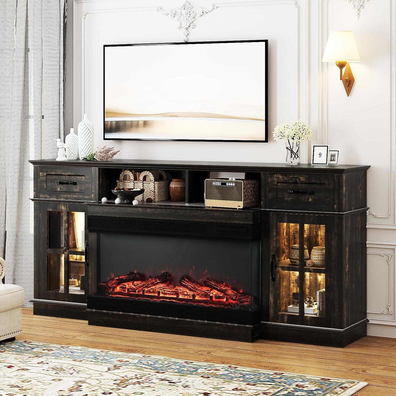 VINGLI Fireplace TV Stand up to 65'' TVs, 3-Sided Glass Entertainment ...