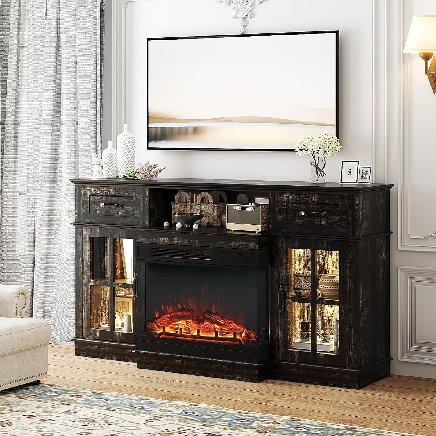 VINGLI Fireplace TV Stand up to 65'' TVs, 3-Sided Glass Entertainment ...