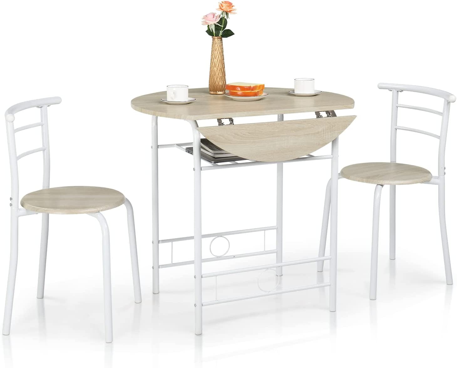 VINGLI 2-Seater Folding Dining Set, Compact Drop Leaf Table, White&Oak ...
