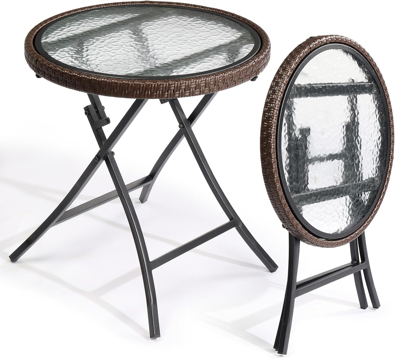 VINGLI Folding Glass Outdoor Side Table with Woven Rattan Border, Small ...