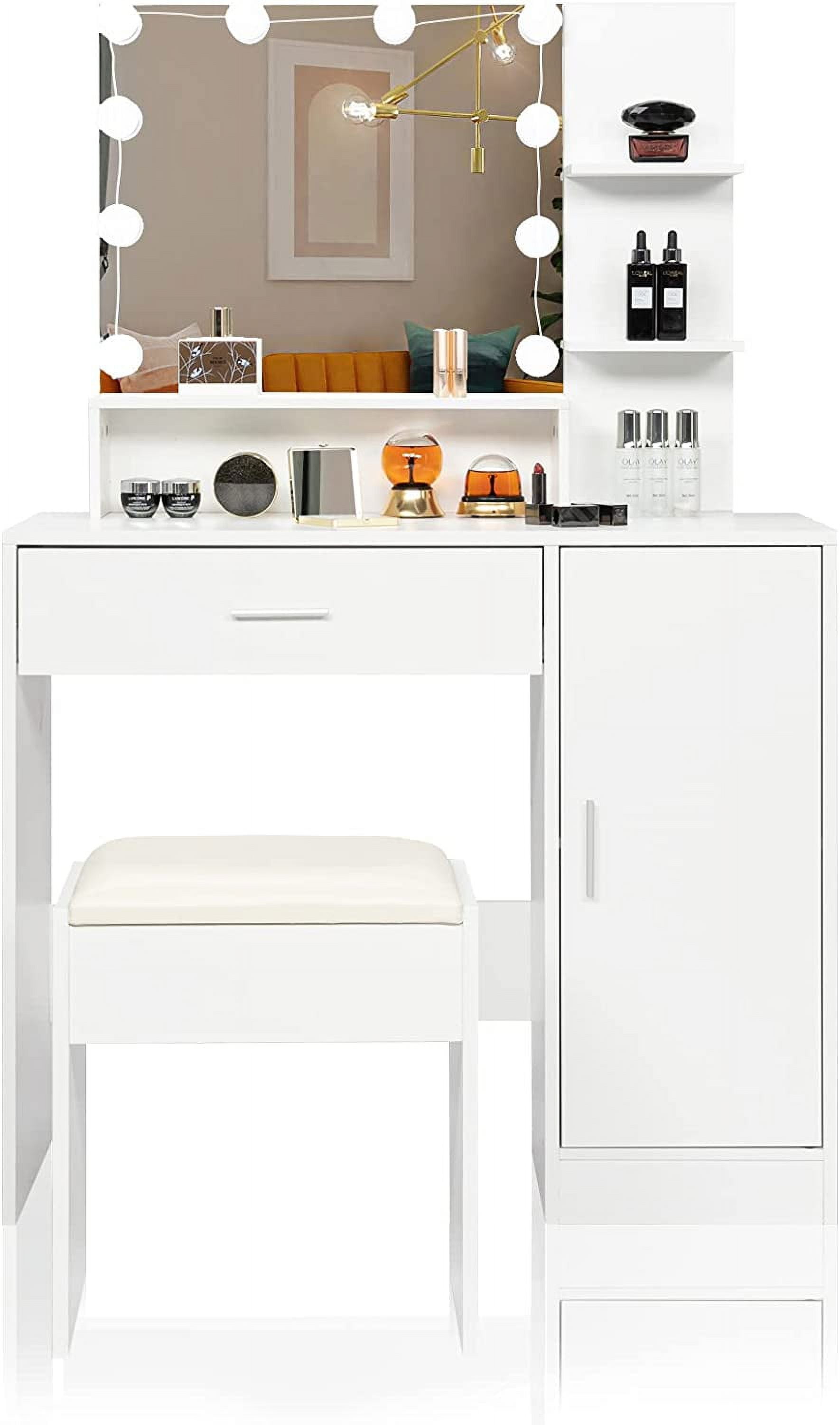 VINGLI Modern Makeup Vanity Desk Set with Mirror, LED Lights, Drawer ...