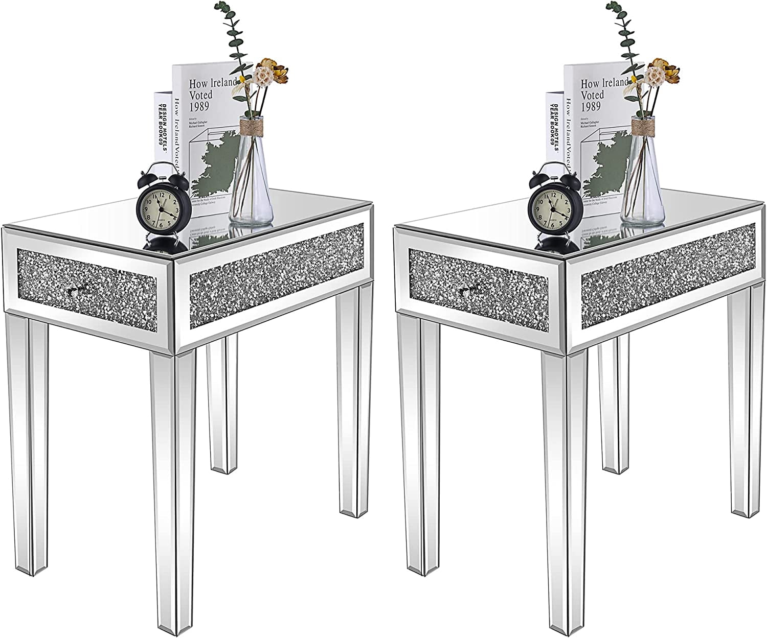 VINGLI Mirrored Nightstand Set of 2 Narrow Side Table with Drawer Glass ...
