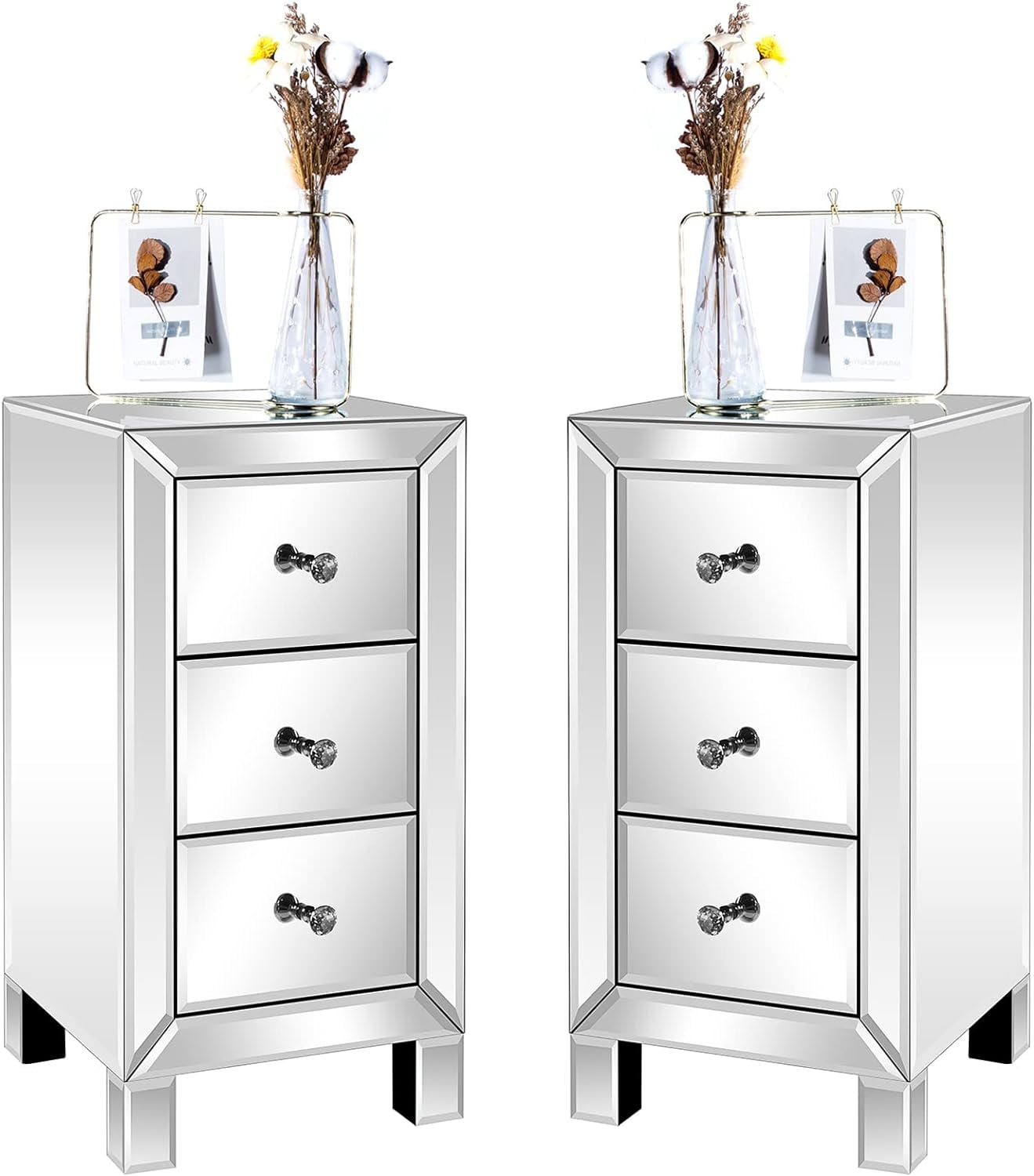 VINGLI Mirrored Nightstand with 3-Drawers Silver Side End Table Set of ...