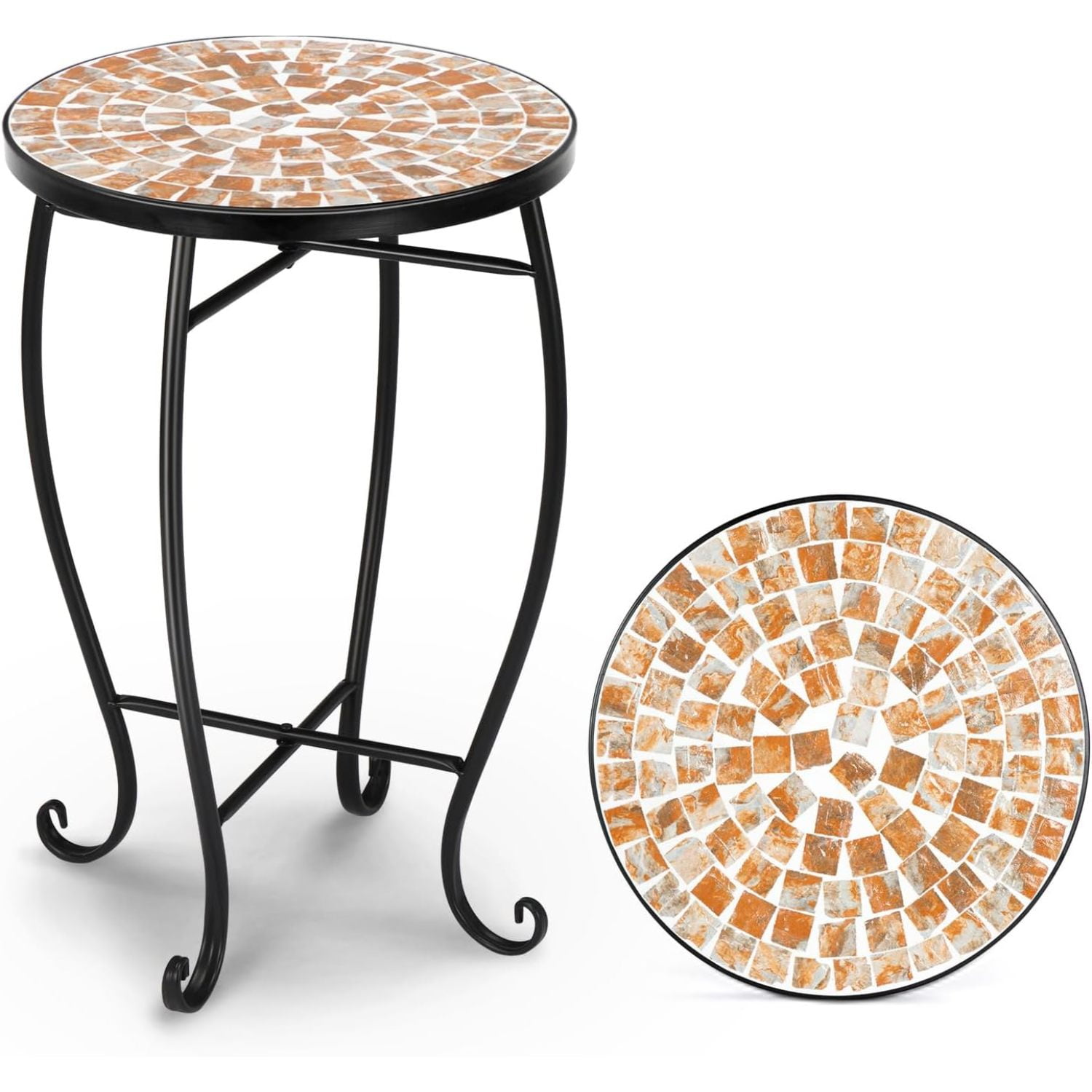 MMZP Outdoor Mosaic and Glass Top Iron Round End Table, Black / Golden ...