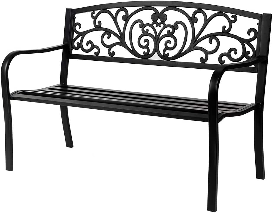 VINGLI Outdoor Bench, Metal Frame Garden Bench with PVC Floral Back ...