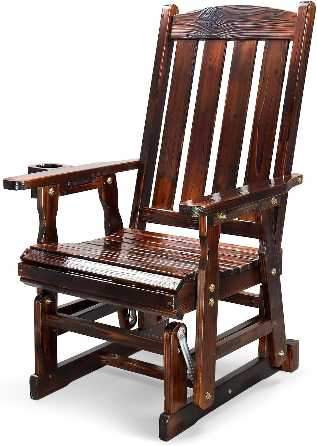 VINGLI Outdoor Glider Chair Wood Patio Glider with Cup Holder, Porch ...