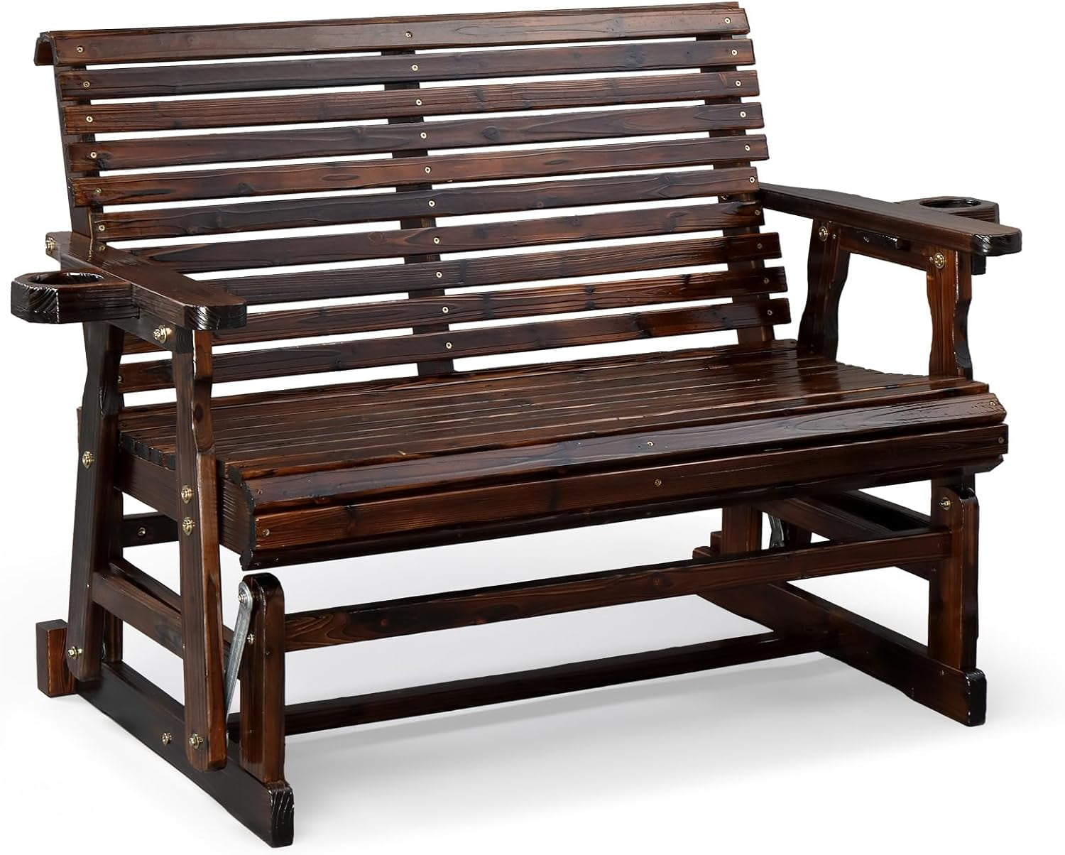 VINGLI Outdoor Glider Wood Patio Chair with Cup Holders, Outdoor Bench ...