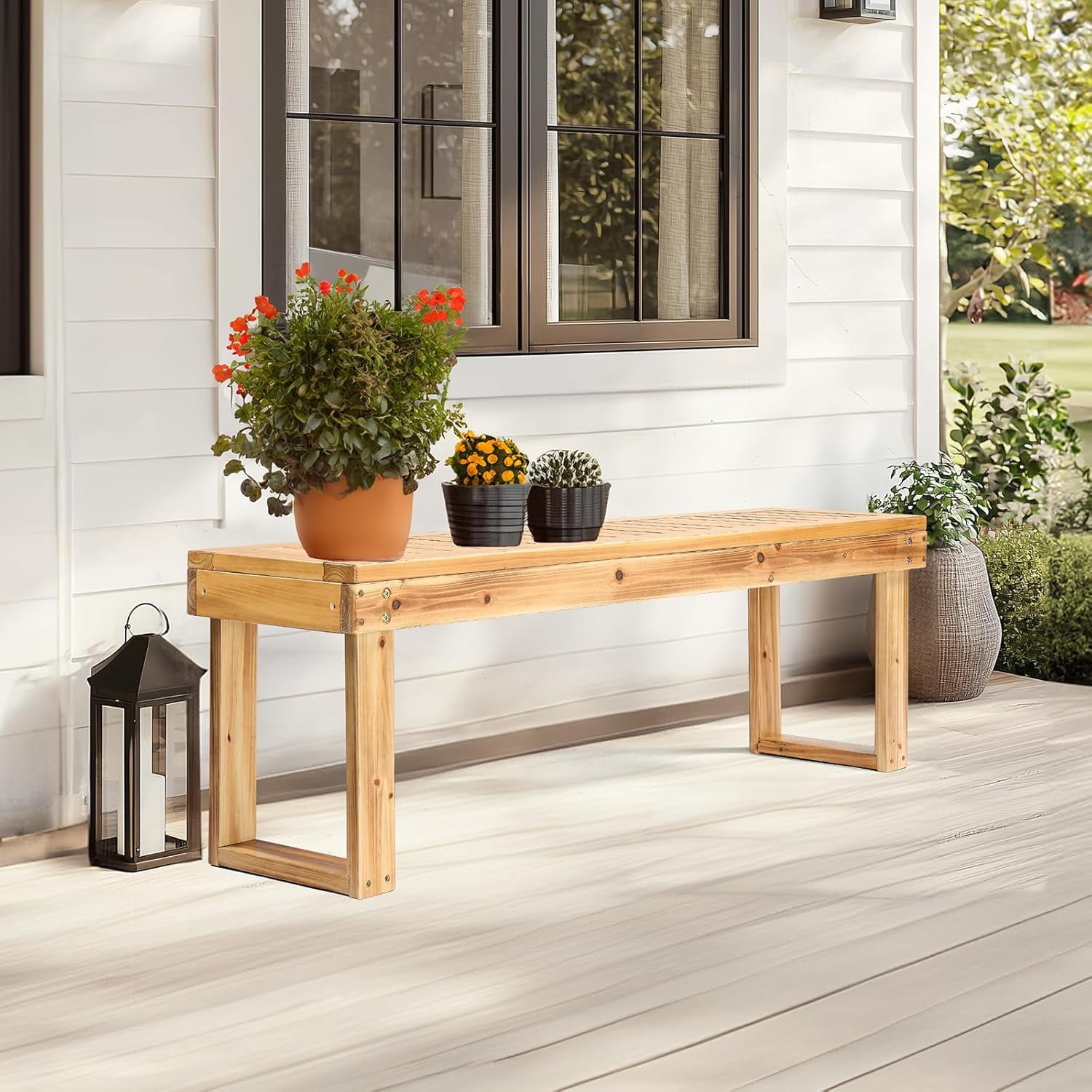 VINGLI Outdoor Wooden Bench Porch Bench, Wood Patio Garden Bench ...