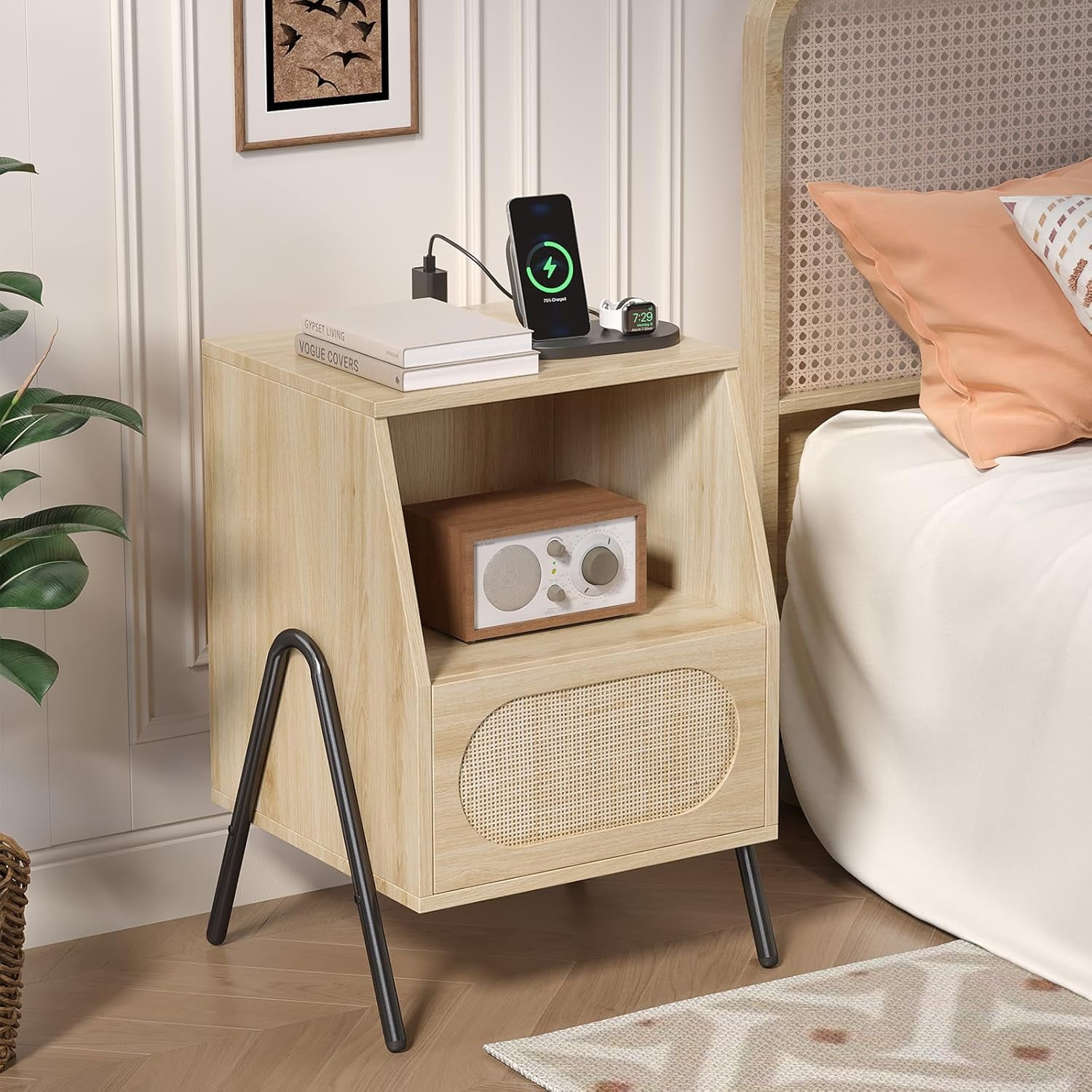VINGLI Rattan Nightstand with Charging Station, 17.56" W Wood ...