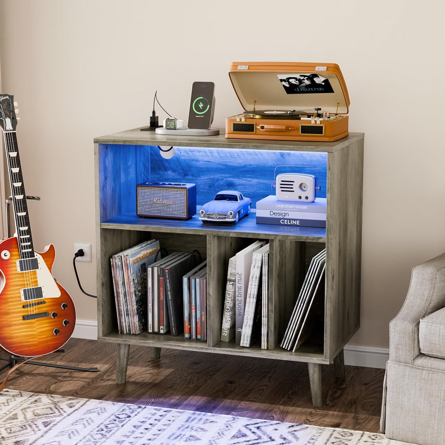 VINGLI Record Player Stand with Open Vinyl Storage, Mid-Century Album ...