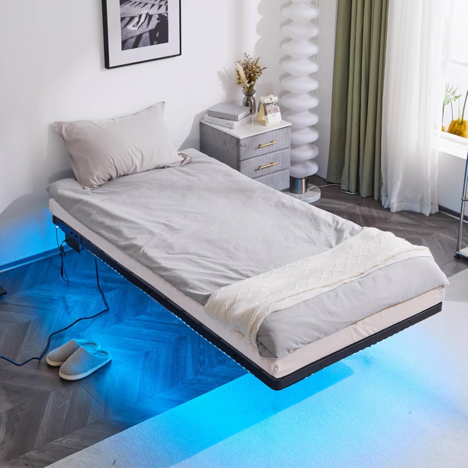 VINGLI Twin Floating Bed Frame with USB Charging Station/LED Lights, 14 ...