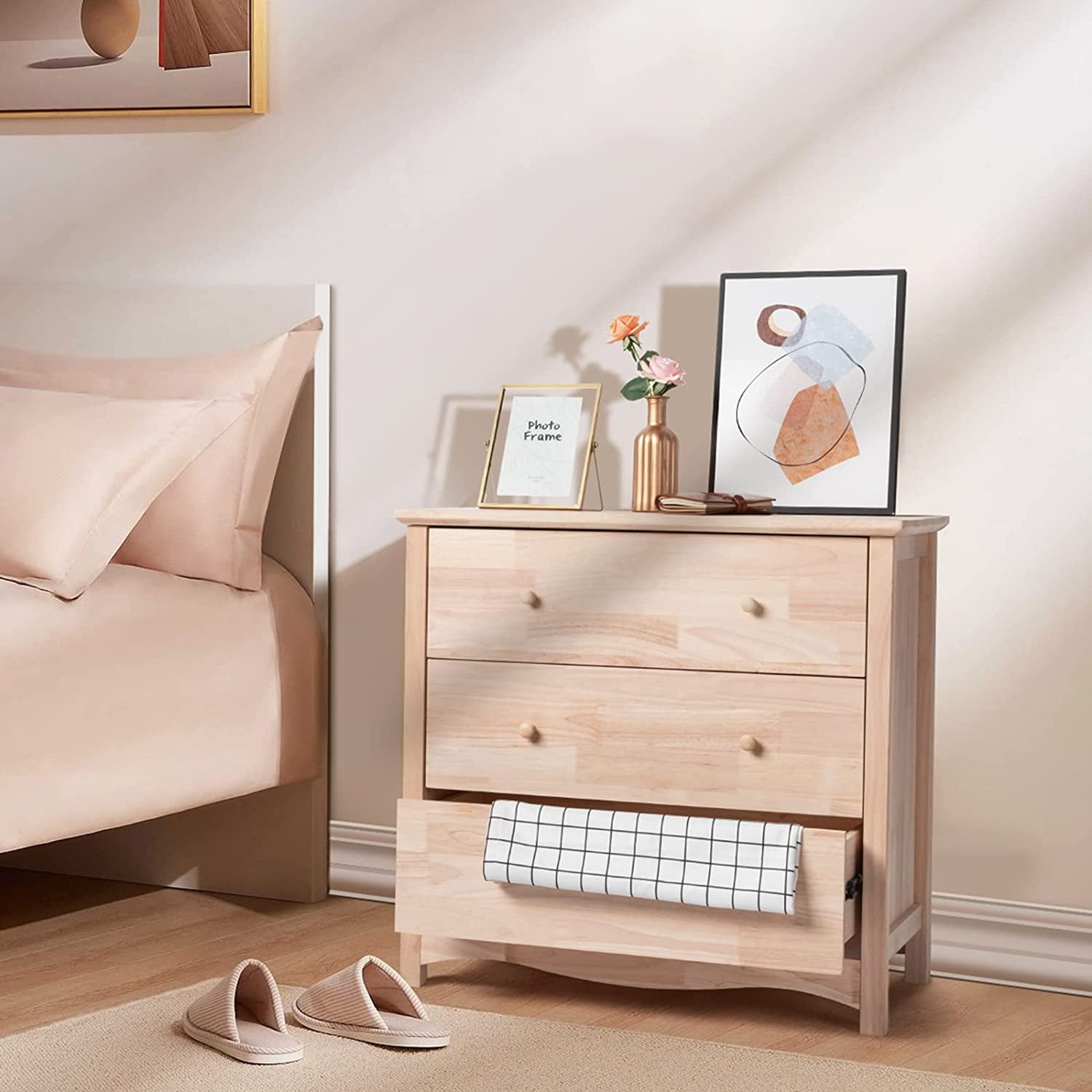 VINGLI Unfinished Farmhouse Natural Solid Wood 3-Drawer Dresser for ...
