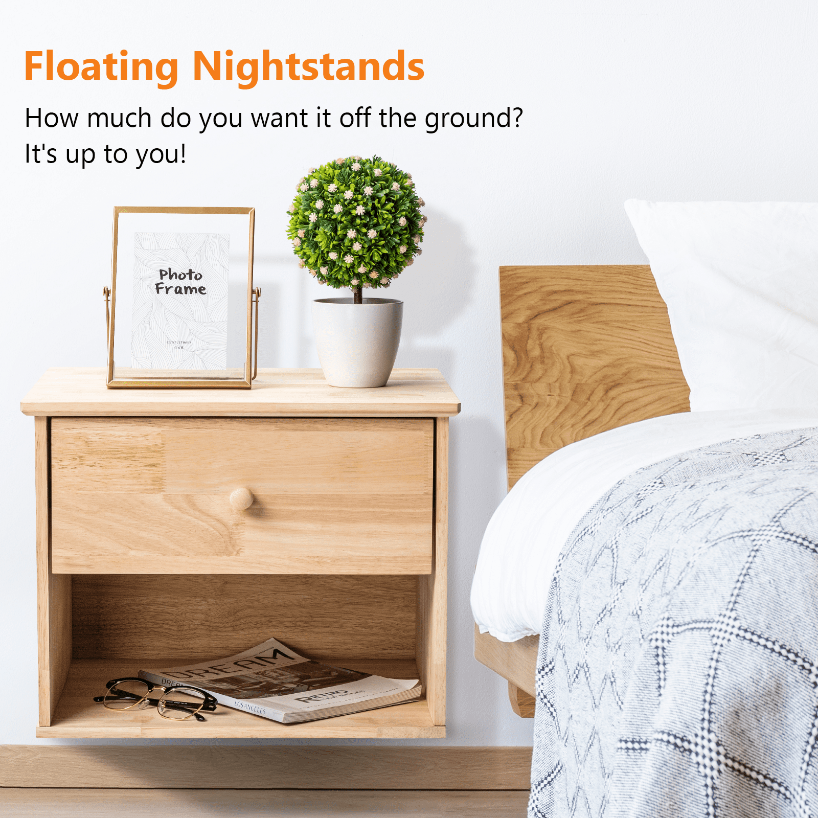 VINGLI Unfinished Natural Solid Wood Floating Nightstand Vintage Wall ...
