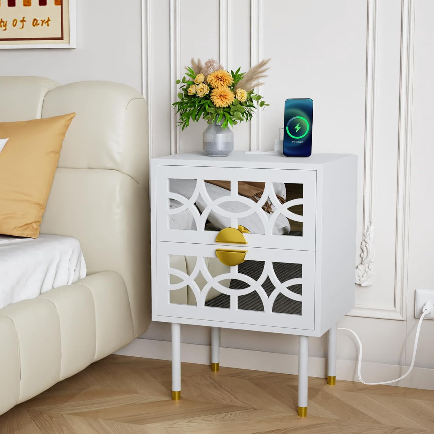 VINGLI White Nightstand with Charging Station, Carved Wood Nightstand ...