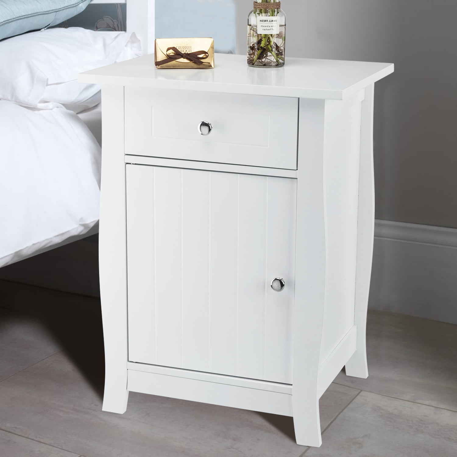VINGLI White Nightstand with Drawers and Door, Bedroom Wood Bedside ...