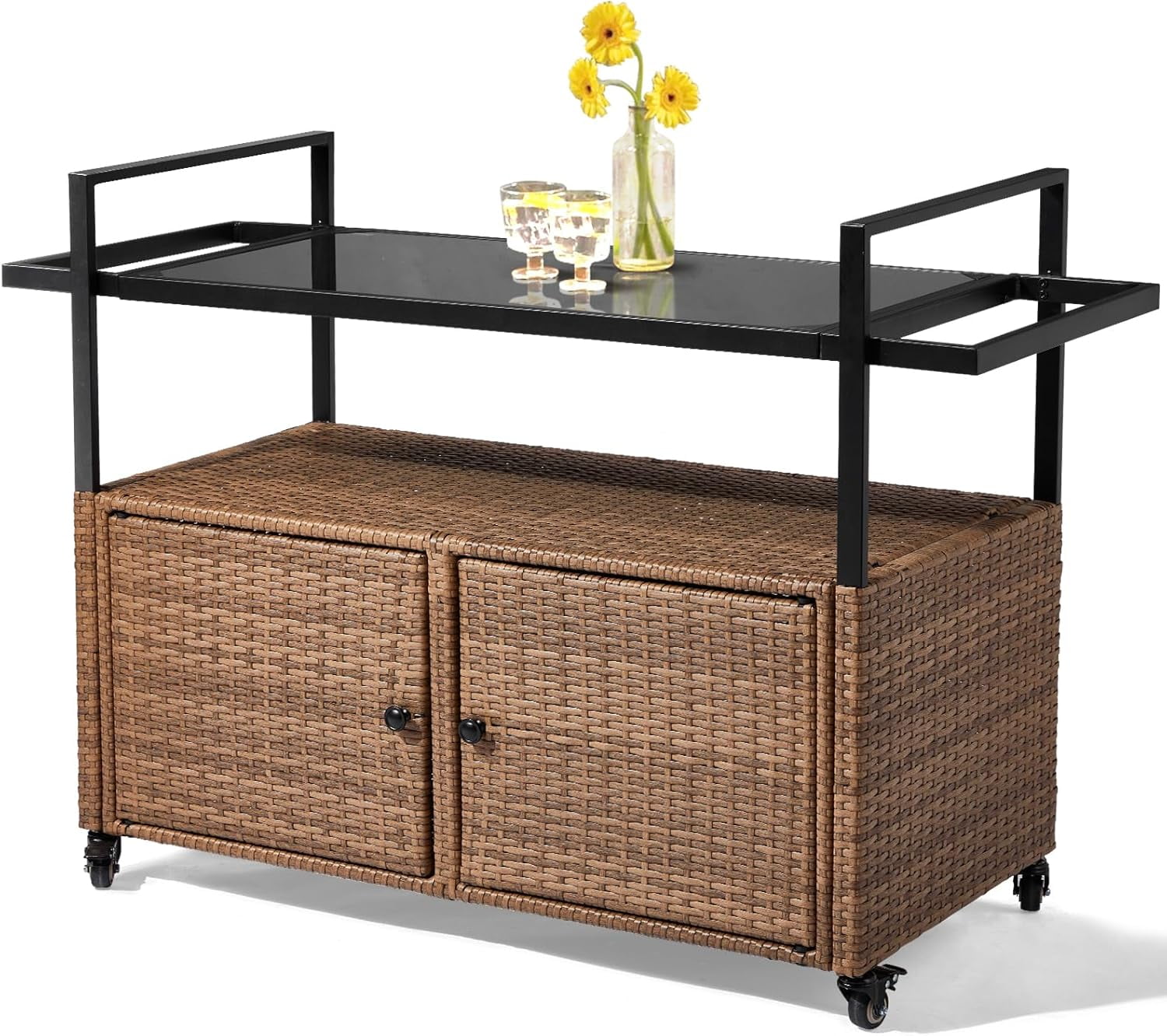 VINGLI Wicker Outdoor Bar Cart with Storage and Wheels, Outdoor Bar ...