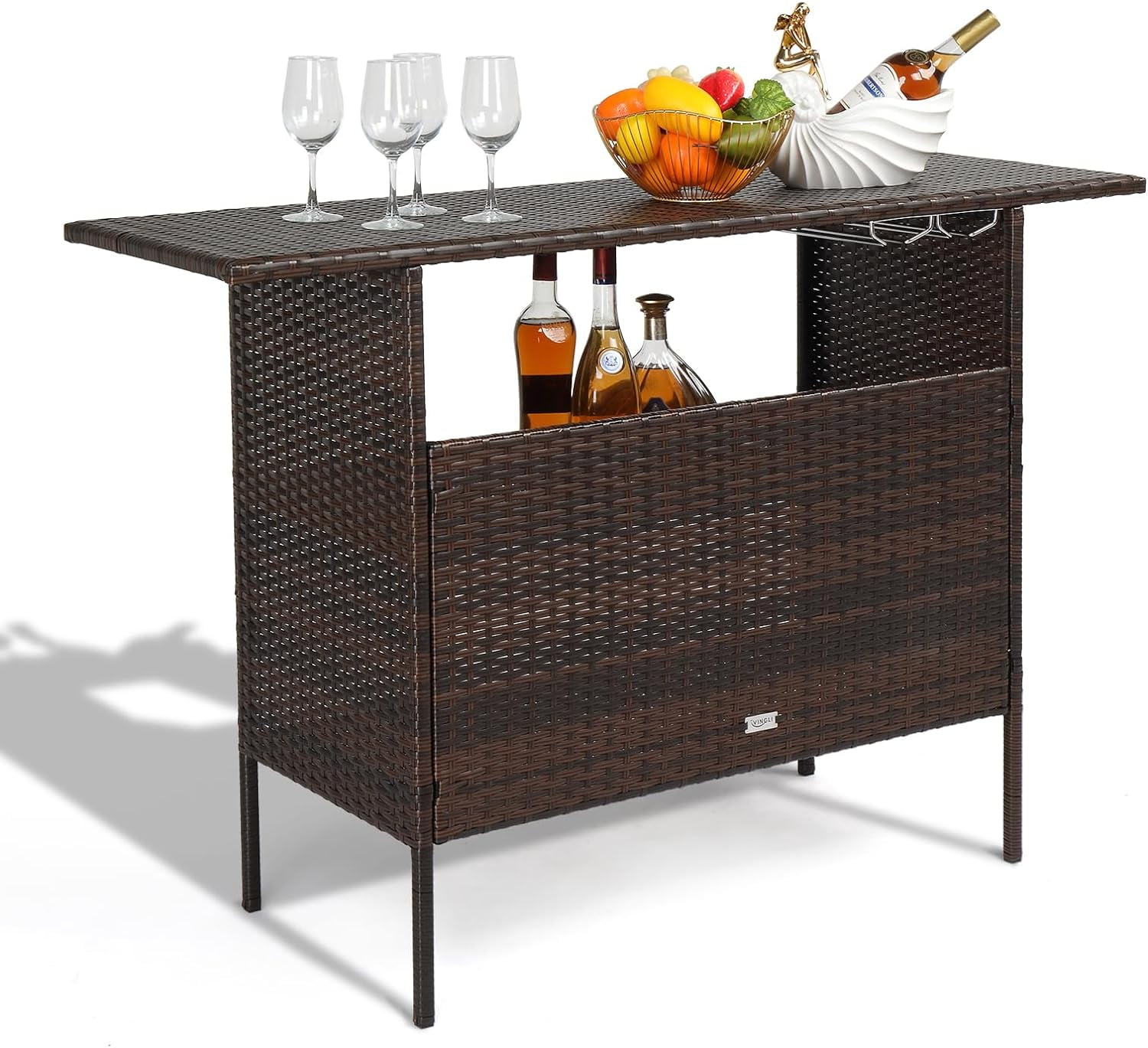 VINGLI Wicker Outdoor Bar Table with 2 Steel Shelves, Sets of Rails ...