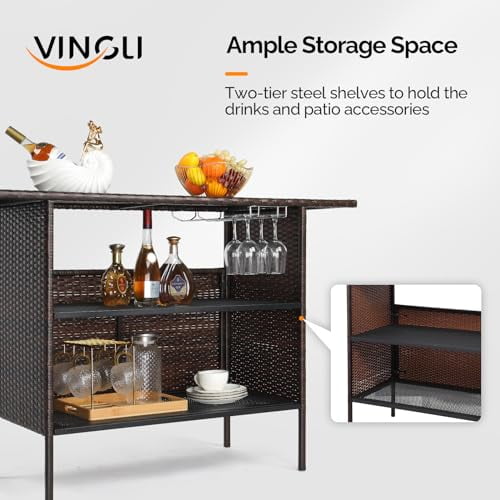 VINGLI Wicker Outdoor Bar Table with 2 Steel Shelves, Sets of Rails ...