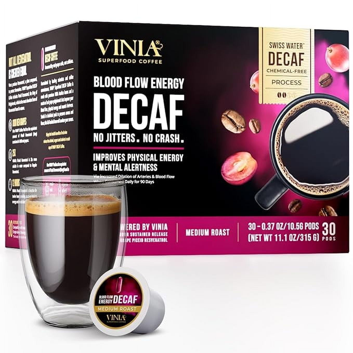 VINIA Blood Flow Coffee DECAF - Medium Roast Superfood Coffee Pods ...