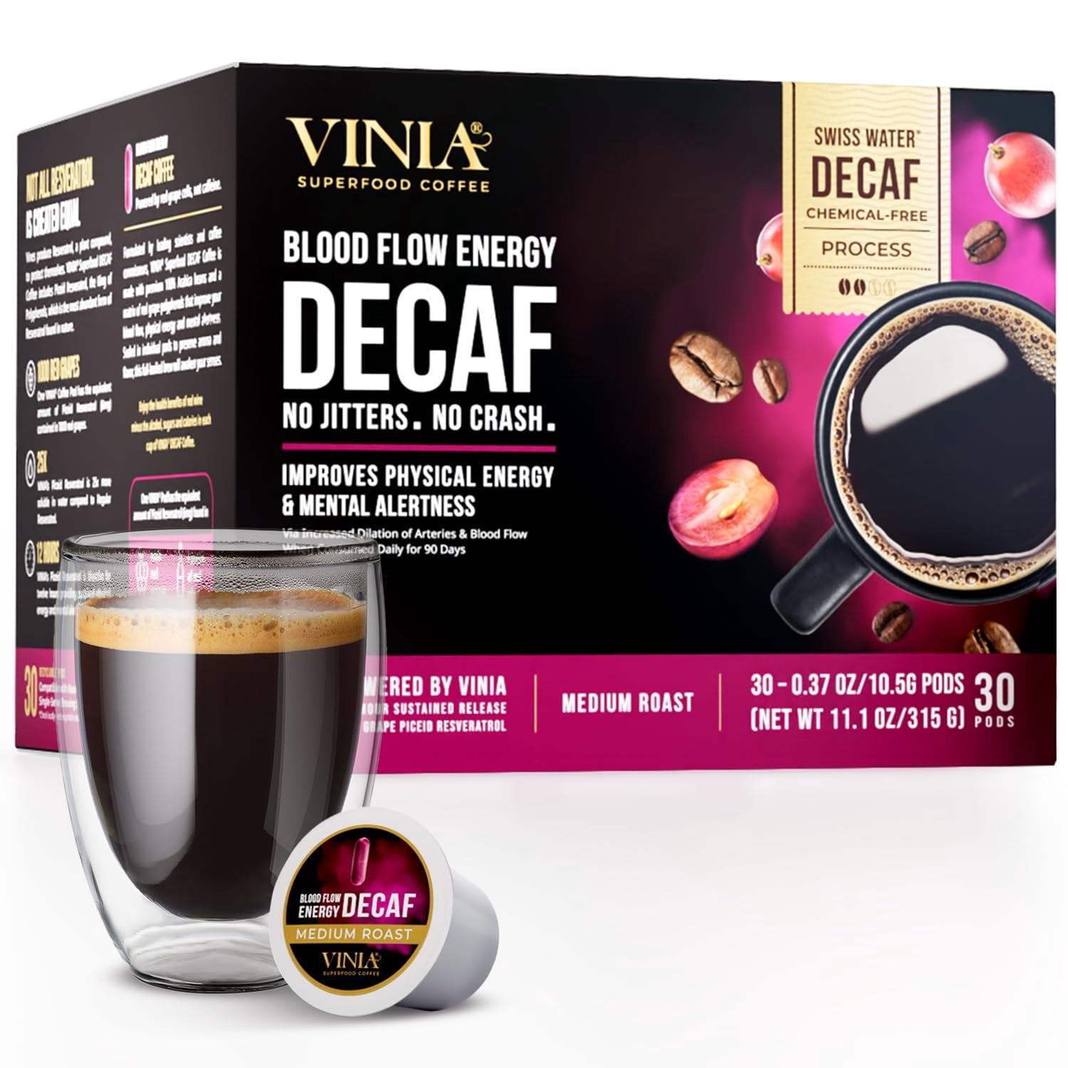 VINIA Blood Flow Coffee DECAF - Medium Roast Superfood Coffee Pods ...