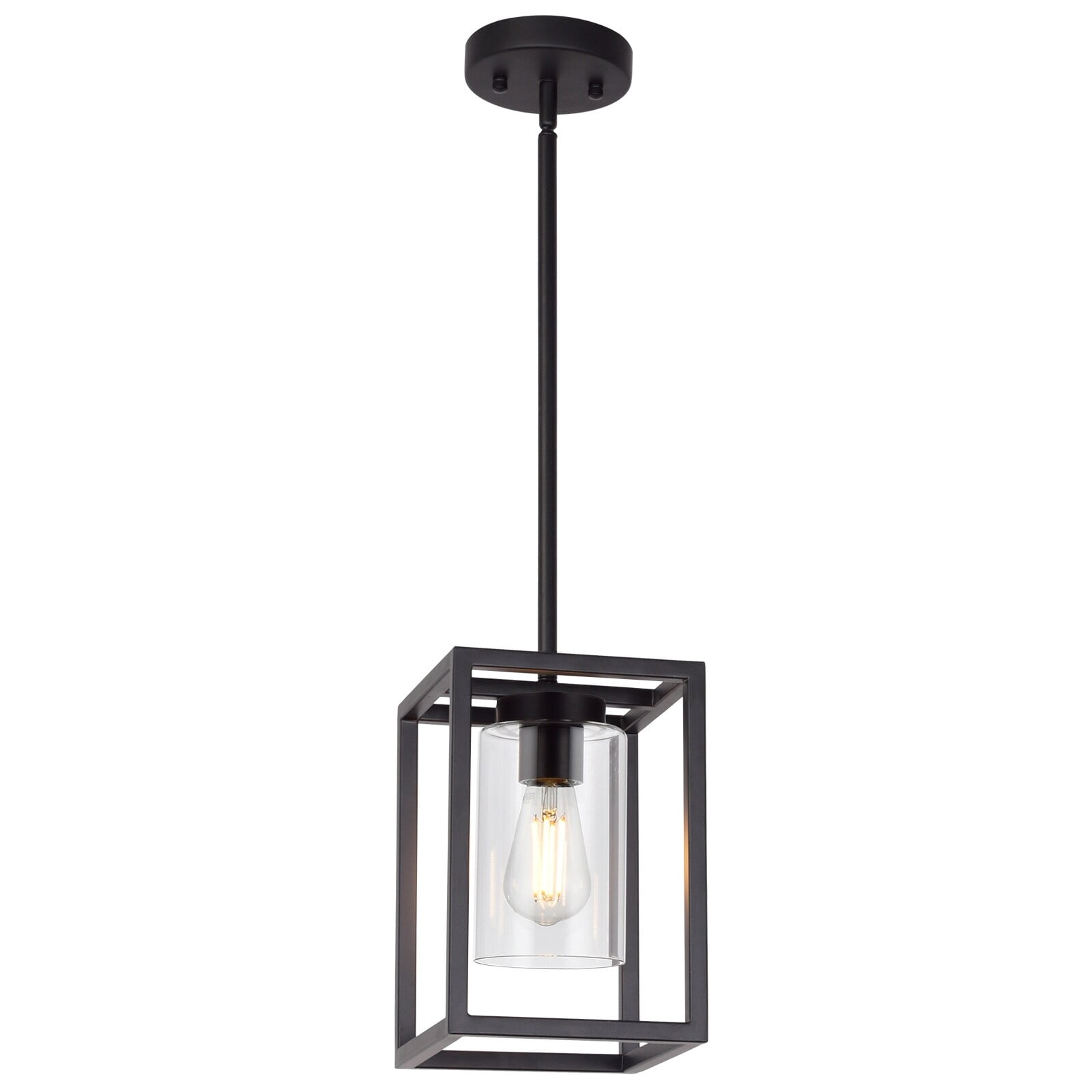 VINLUZ 1-Light Square/Rectangle Pendant Light with Clear Glass Black ...