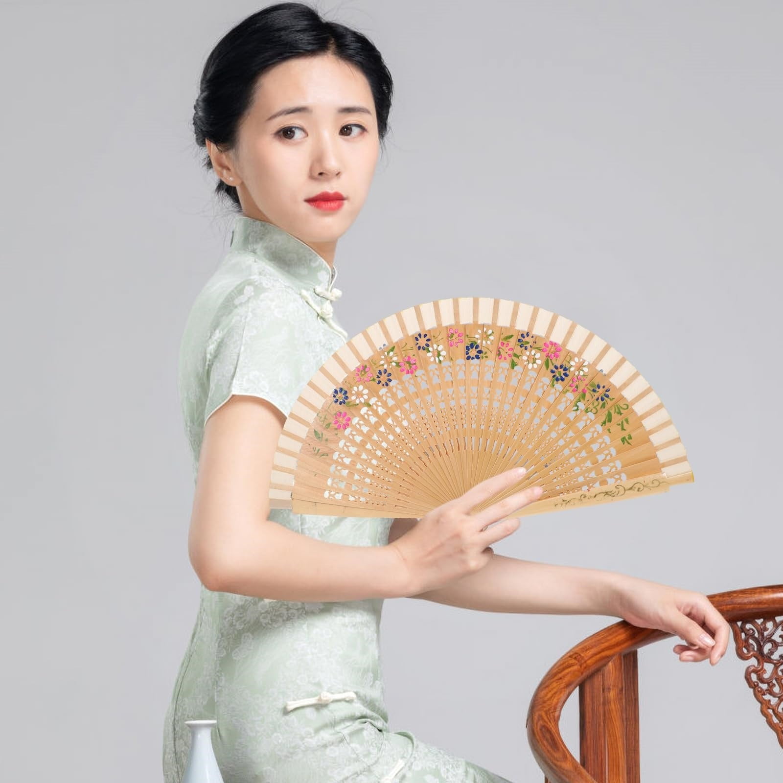 VINOIC Spanish Wooden Folding Fan, Khaki Handheld Wedding Dance Prop ...