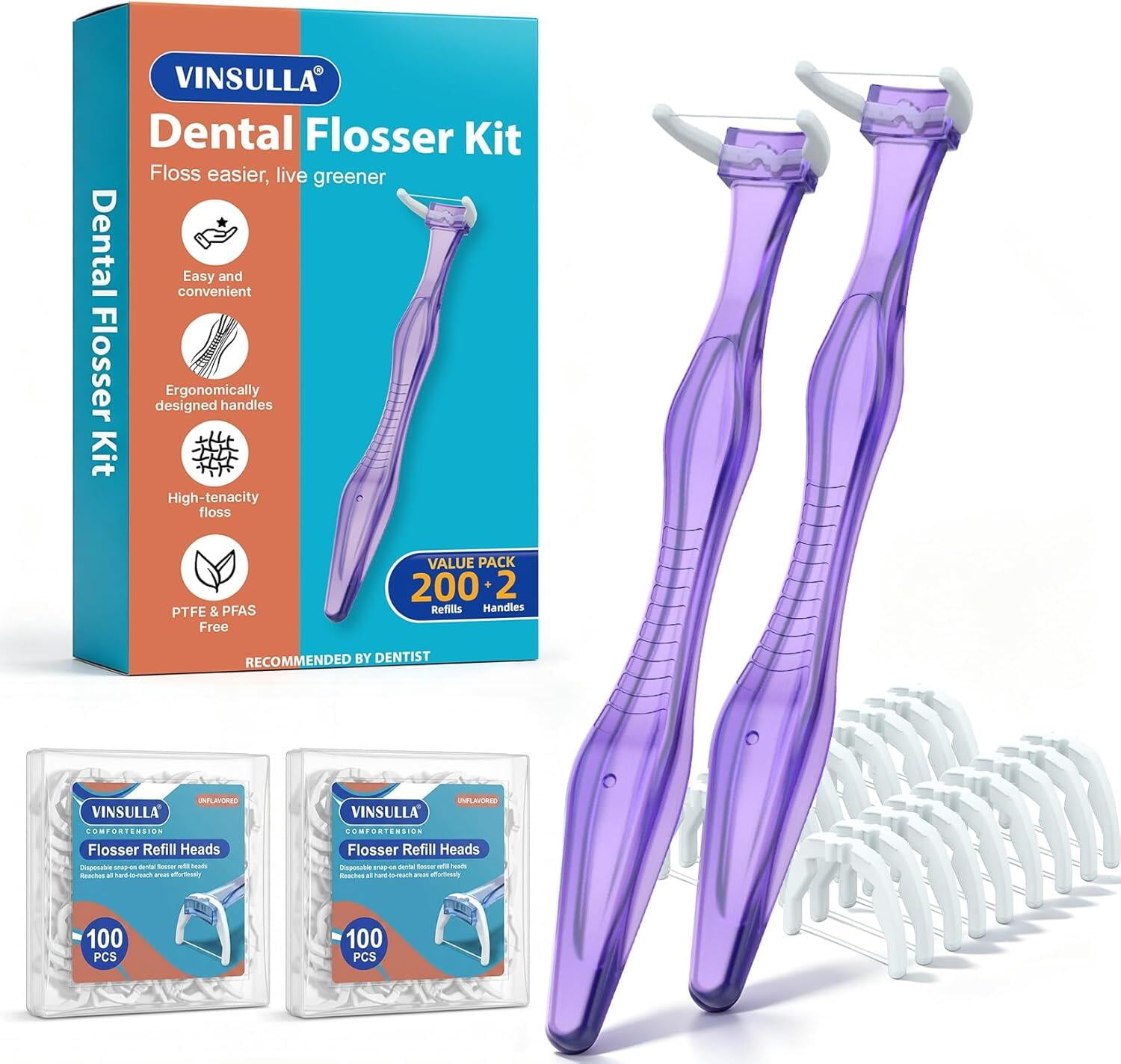 VINSULLA Dental Flosser Kit, Comfort Tension Shred-Resistant Floss, 2 ...