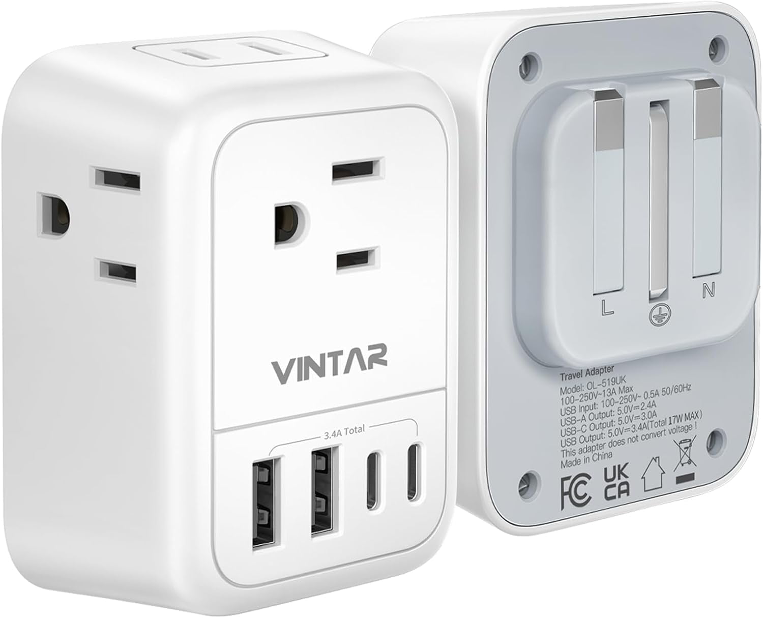 VINTAR Foldable Ireland Travel Plug Adapter with 4 Outlets and 4 USB ...