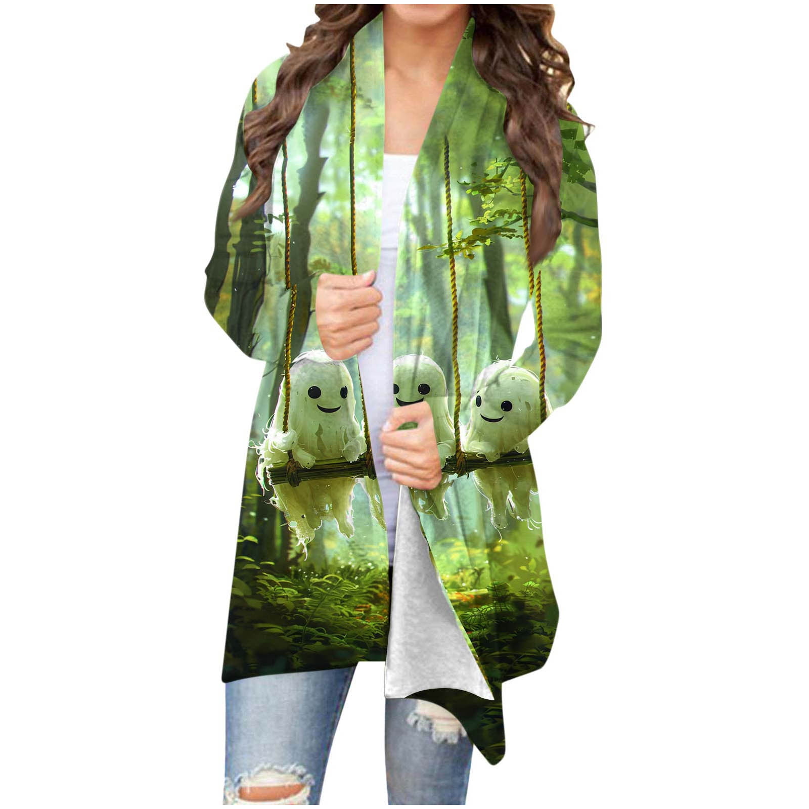 VINUSLI Womens Halloween Sweaters Open Front Ghost Print Knit Coats ...