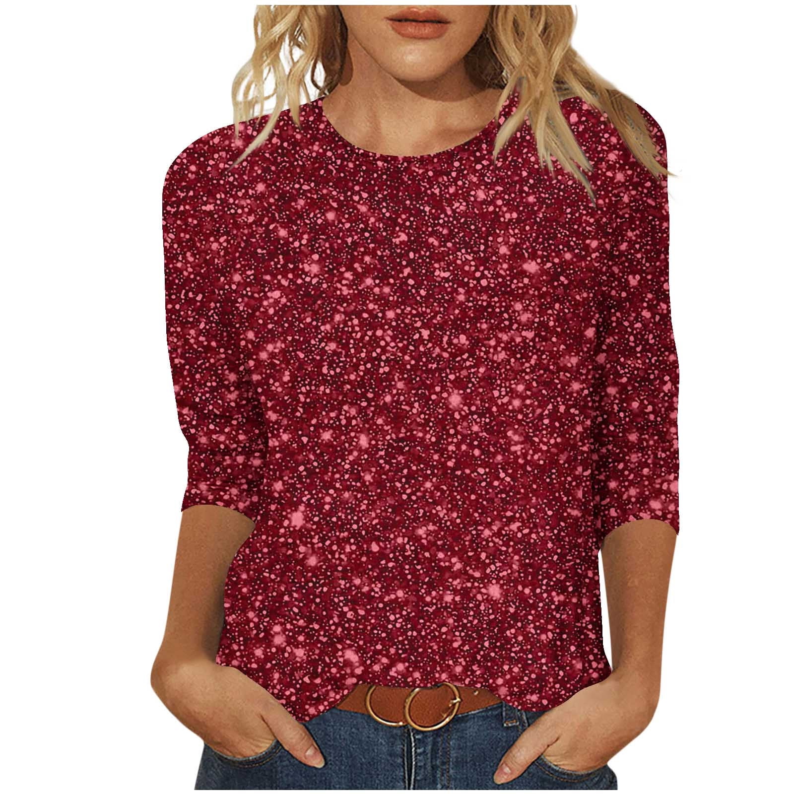 VINUSLI Bling Blouses for Women Elegant 3/4 Sleeve Round Neck Sequin ...