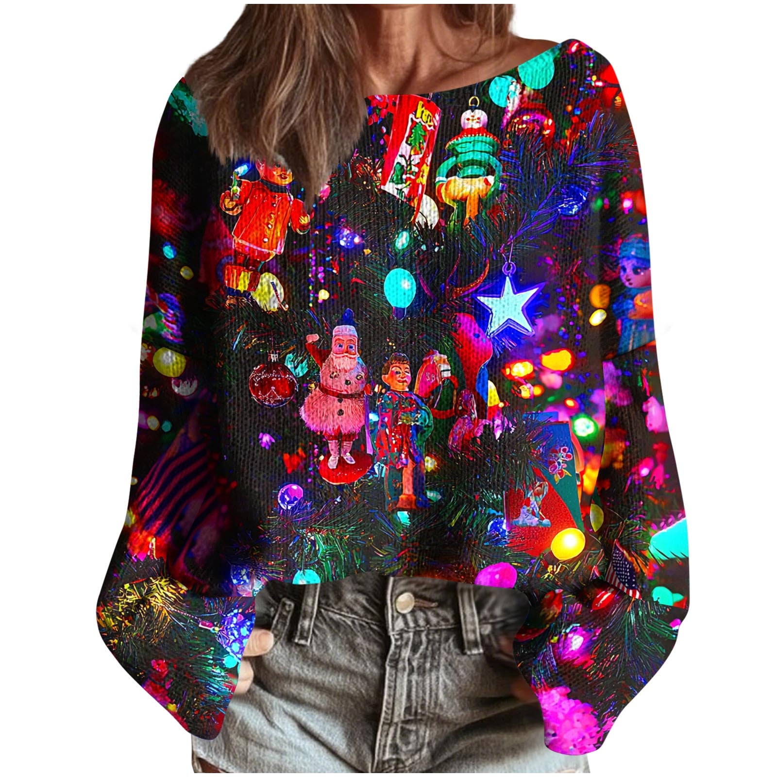VINUSLI Christmas Tree Ugly Sweater Women Winter Vintage Crewneck ...