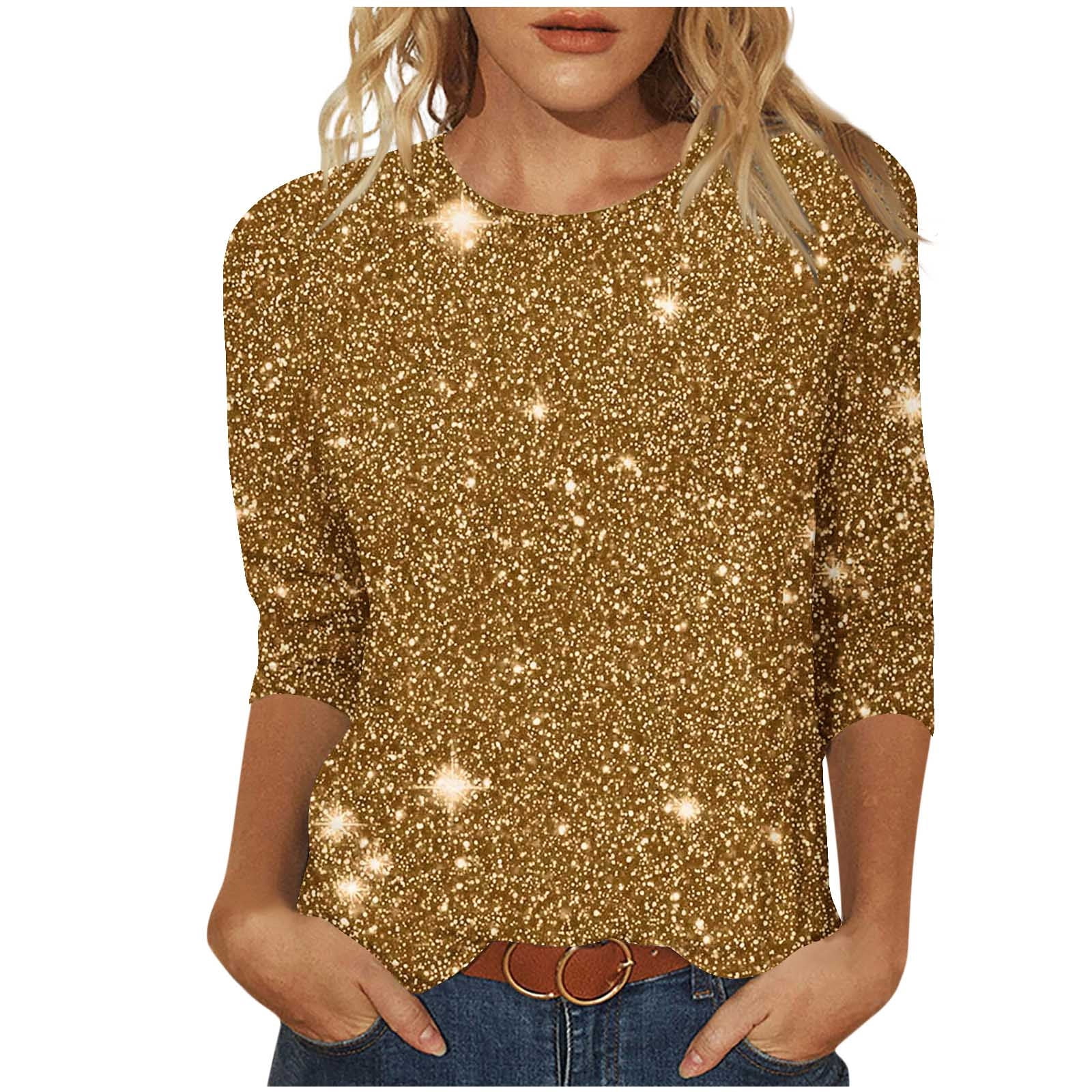 VINUSLI Evening Wear Tops for Women Trendy 3/4 Sleeve Round Neck Sequin ...