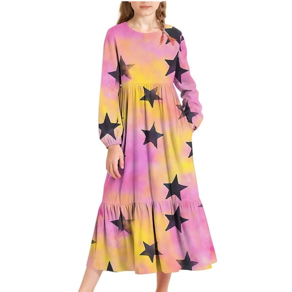 VINUSLI Girl Fall Dress Long Sleeve Star Print Tiered Ruffle Swing ...