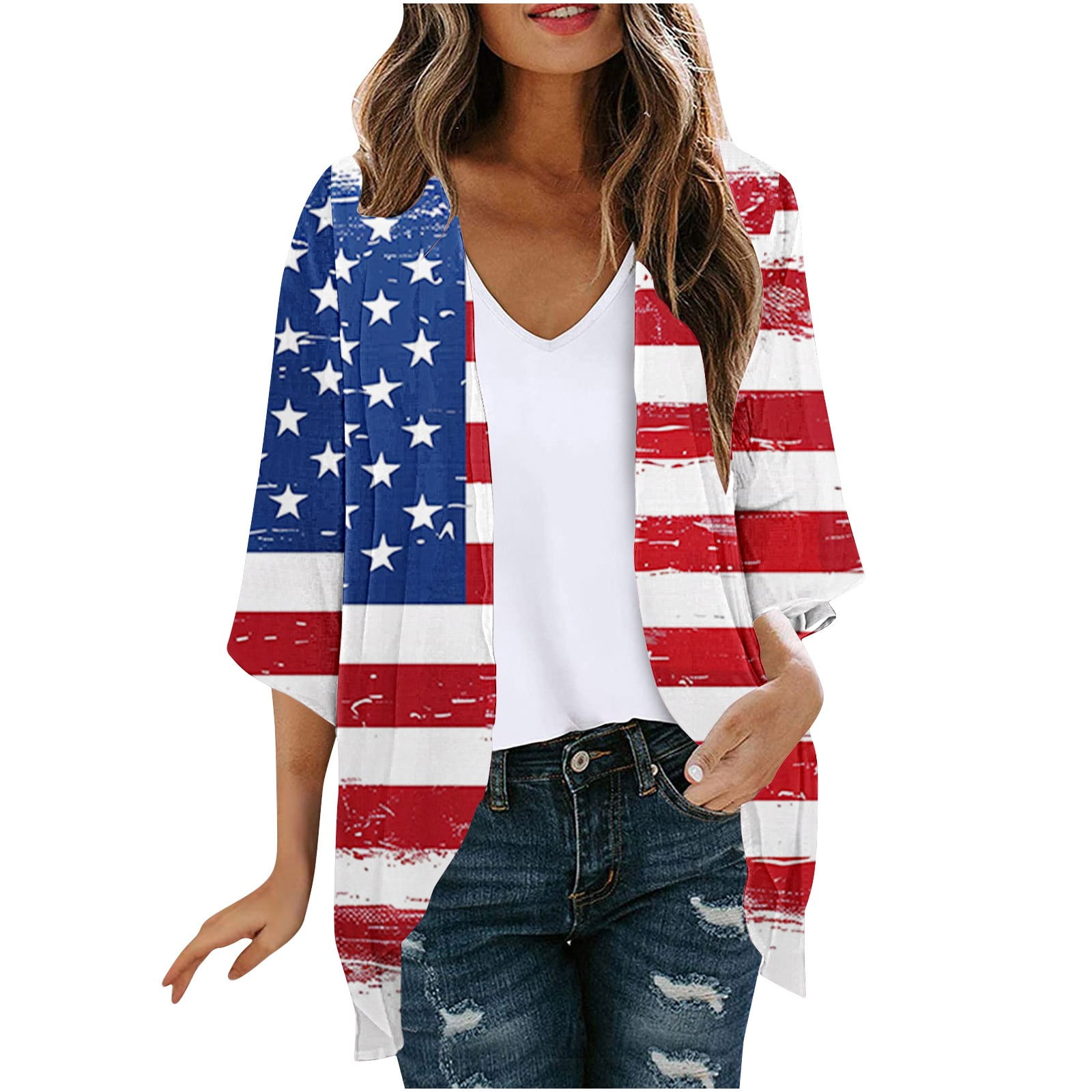 VINUSLI Kimono Sleeve Ladies Tops,Women's Summer Beach American Flag ...