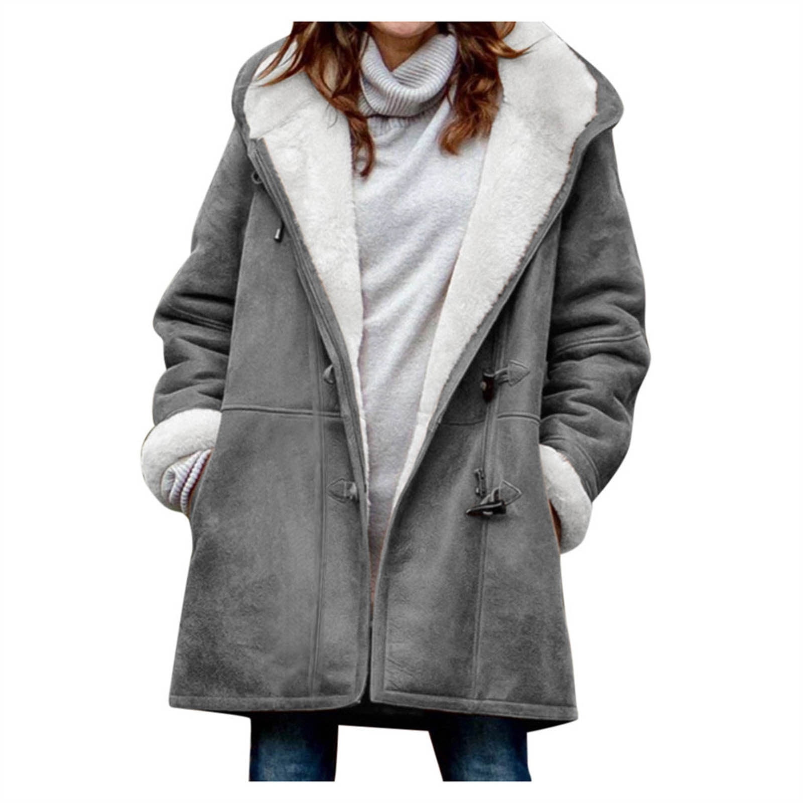 VINUSLI Light Suede Jacket Women Horn Button Sherpa Fleece Quilted ...