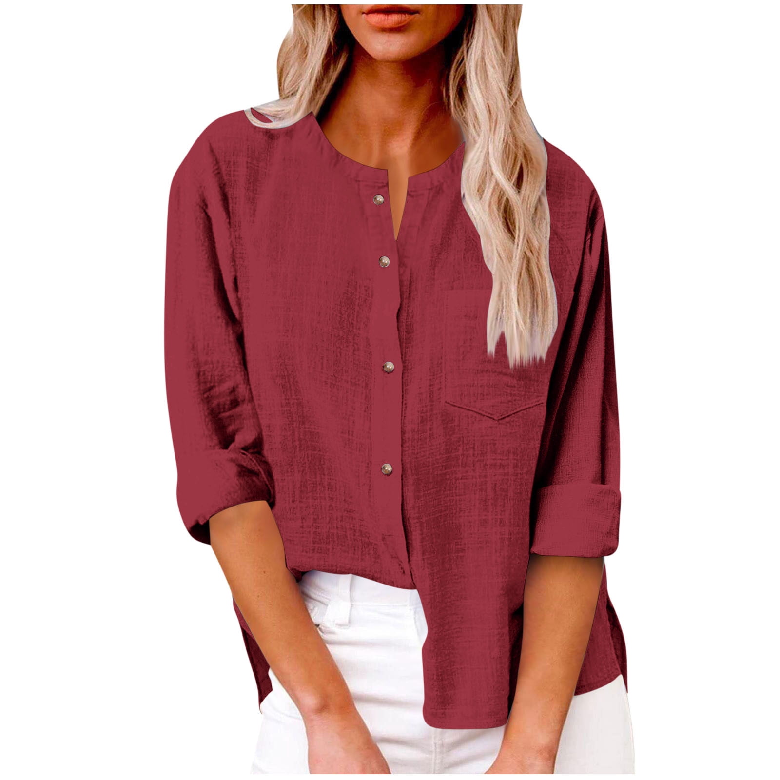 VINUSLI Linen Collarless Shirt Women Long Sleeve Button Down Blouses ...