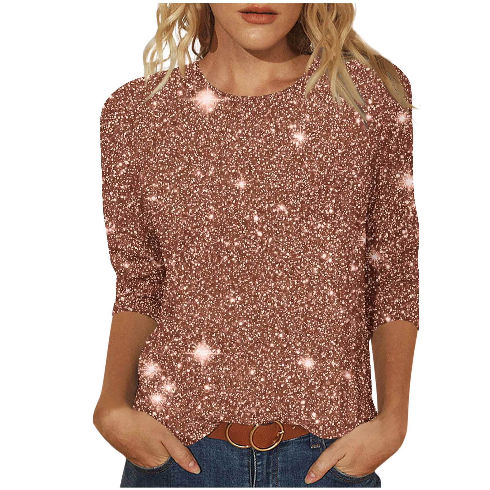 VINUSLI Party Shirts Women Trendy 3/4 Sleeve Round Neck Sequin Top ...