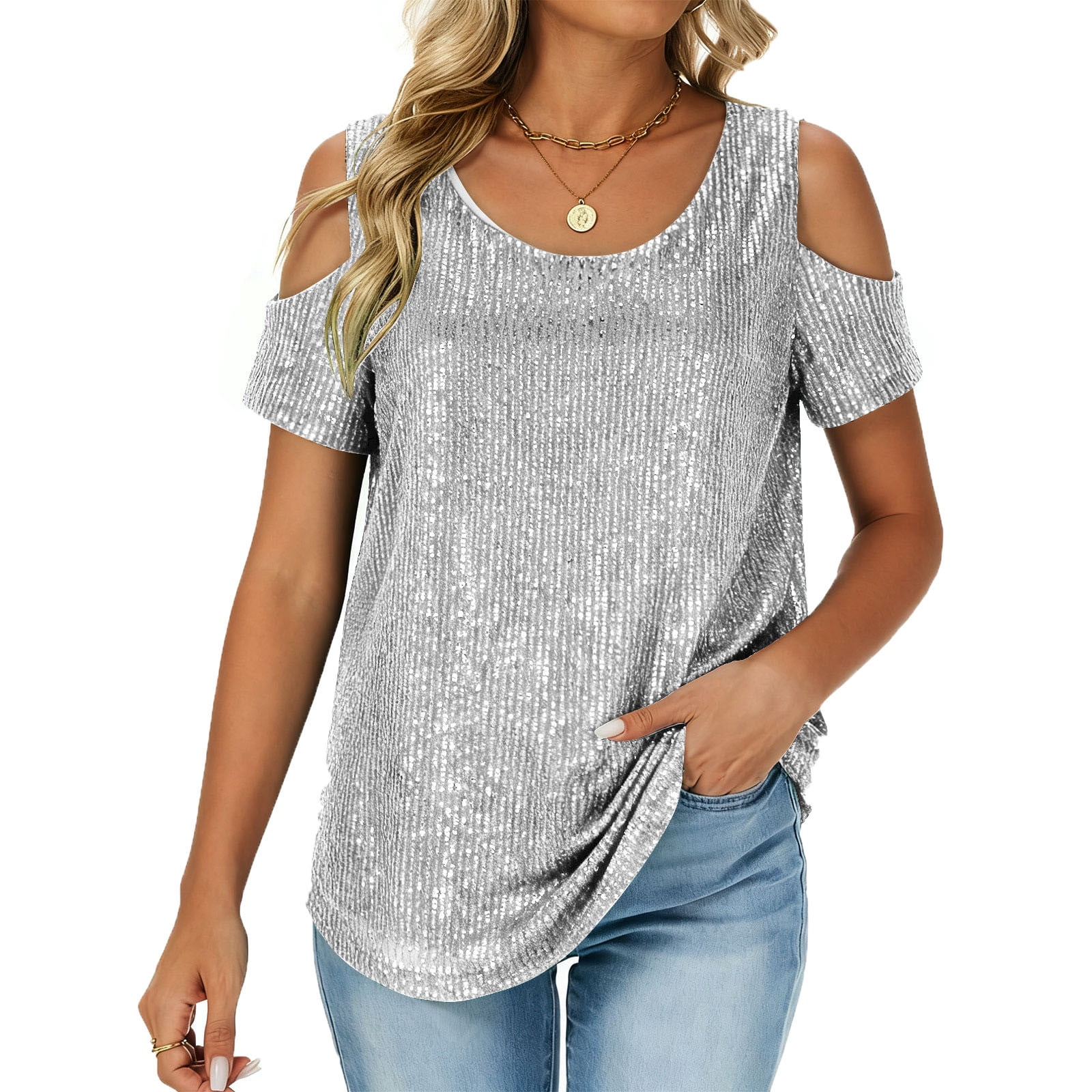 VINUSLI Sparkling Tops for Women Party Night Crewneck Cold Shoulder ...
