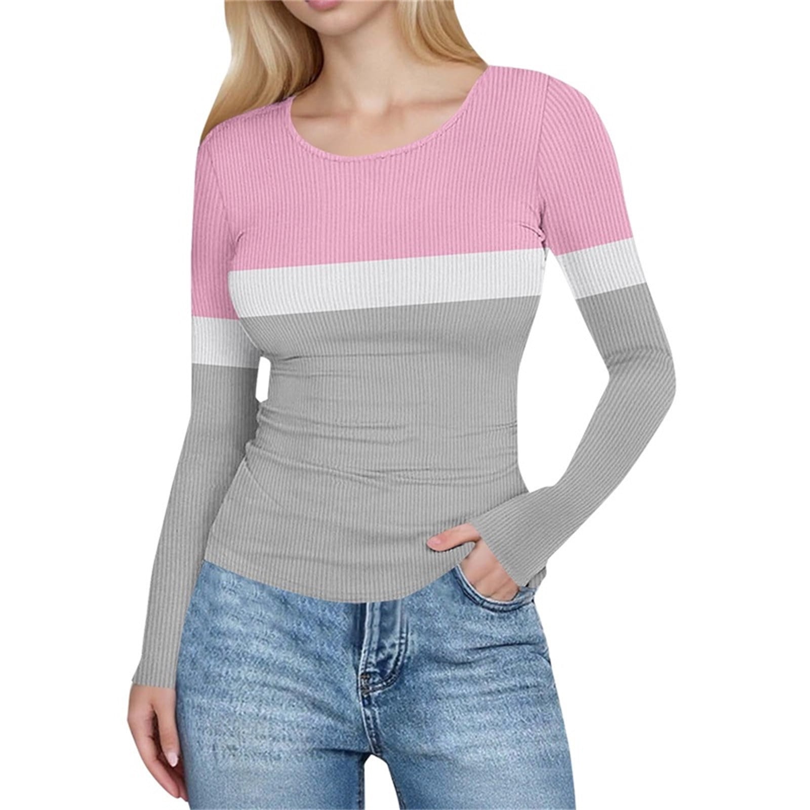 VINUSLI Women's Color Block Long Sleeve Tunics Tops Ribbed Knit Crew ...