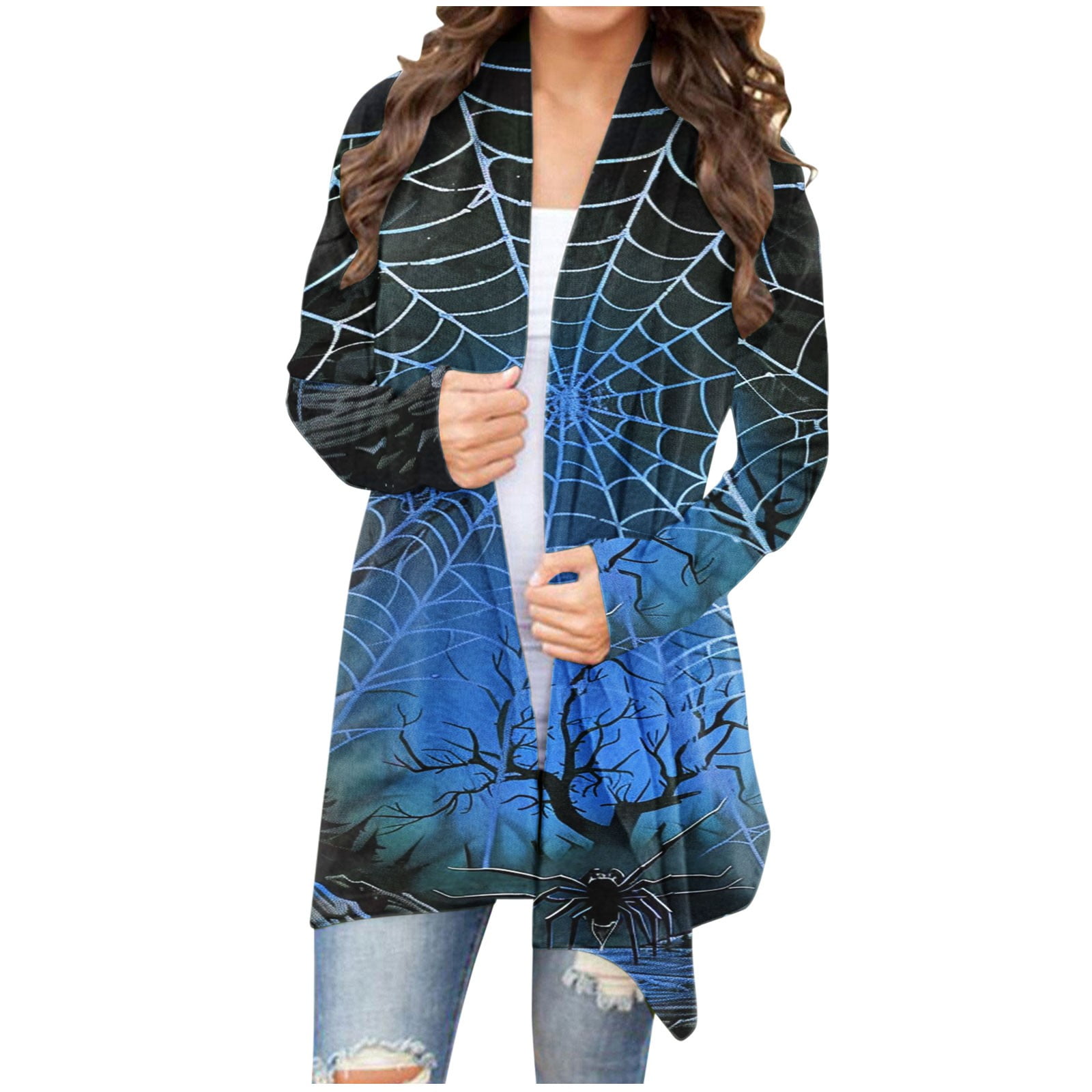 VINUSLI Women's Fall Cardigan Spider Web Open Front Warm Halloween ...