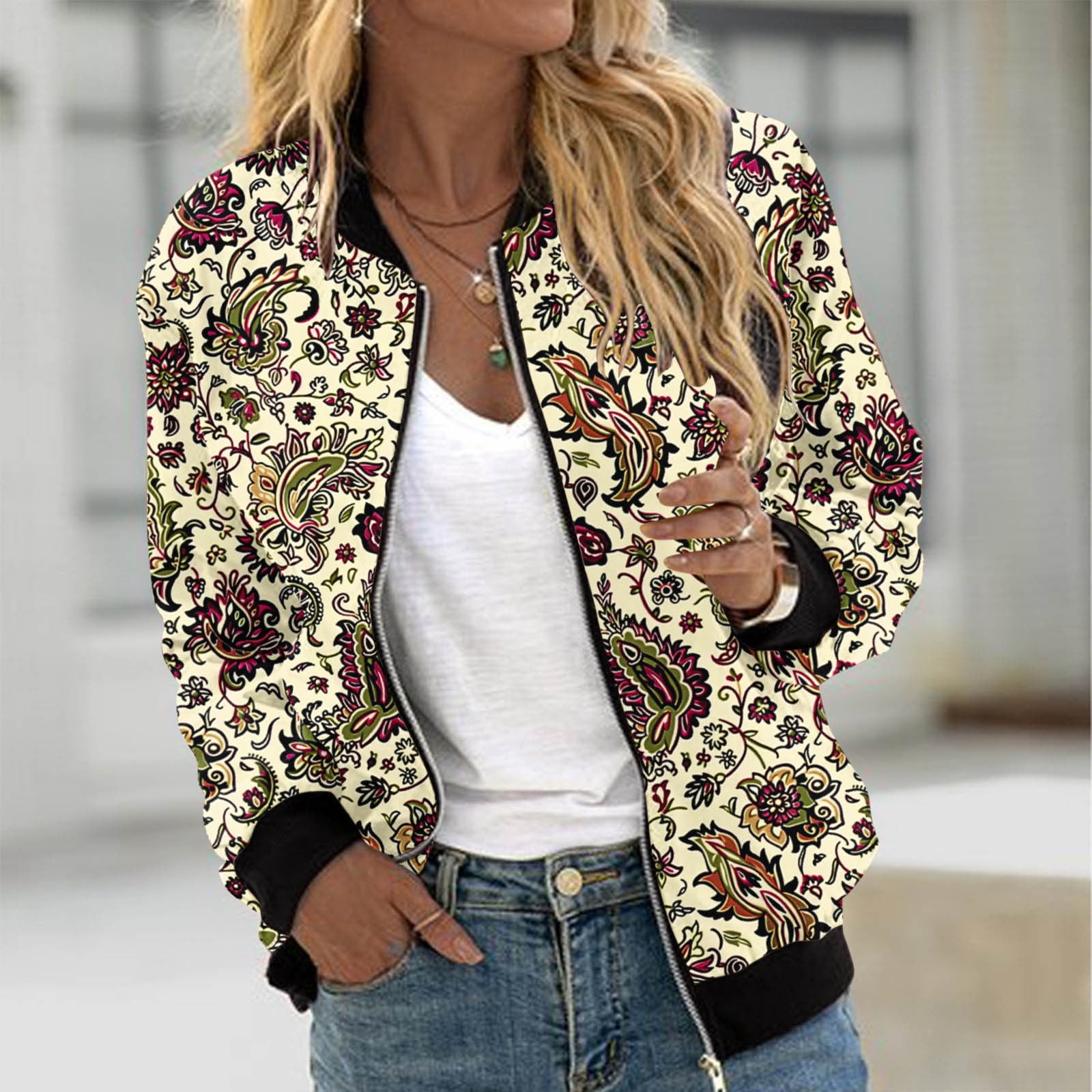 VINUSLI Women's Floral Print Bomber Jackets,Bomber Jacket for Women ...