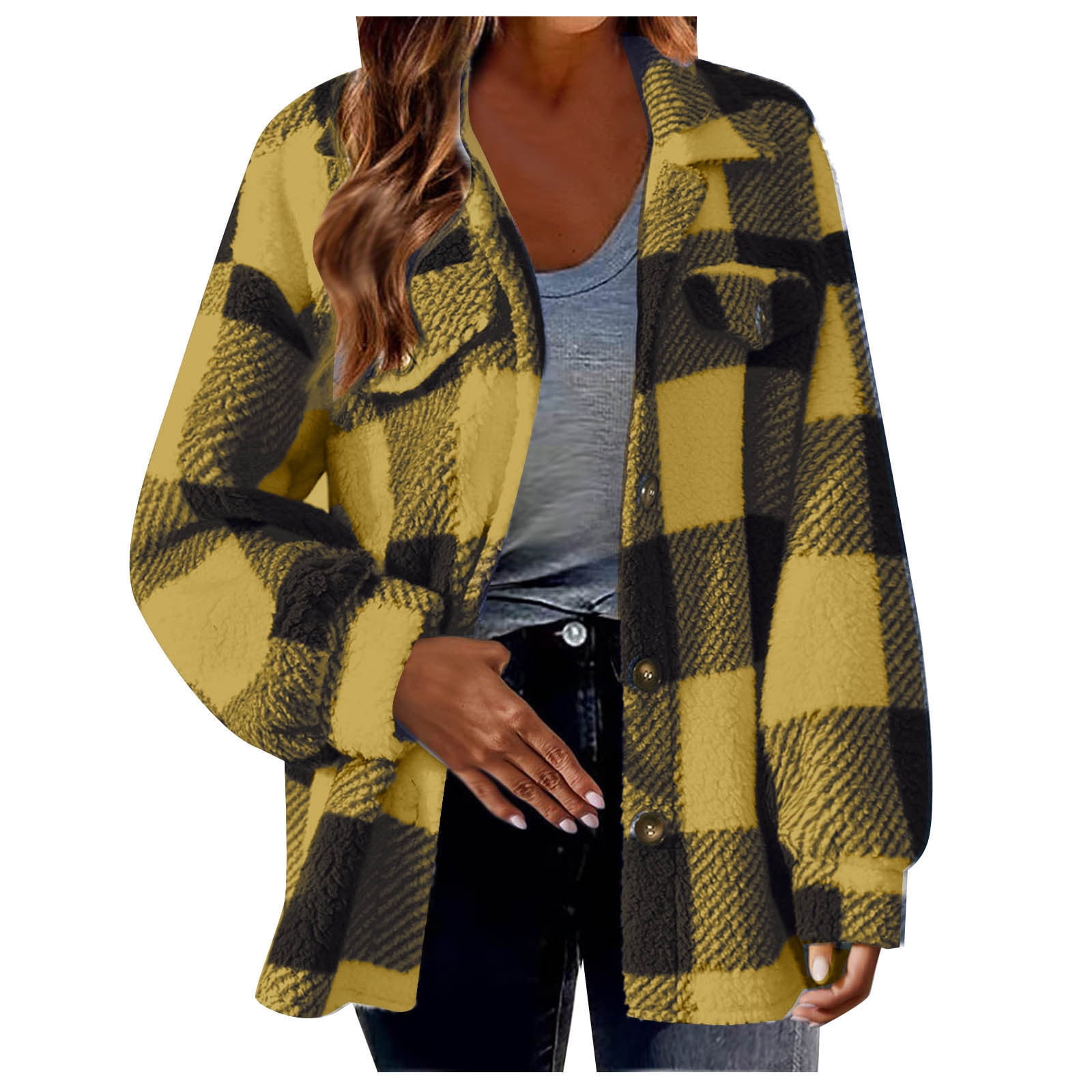 VINUSLI Womens Fuzzy Fleece Plaid Shacket Jackets for Women Buffalo ...