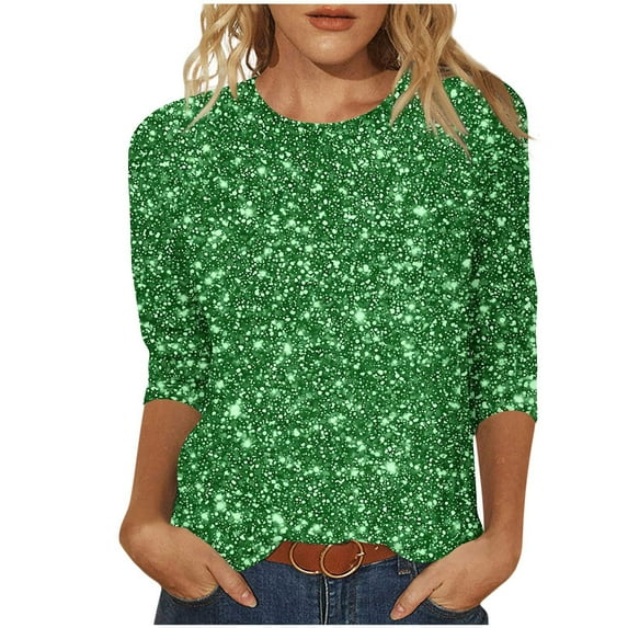 VINUSLI Womens Glittery Tops Elegant 3/4 Sleeve Round Neck Sequin ...